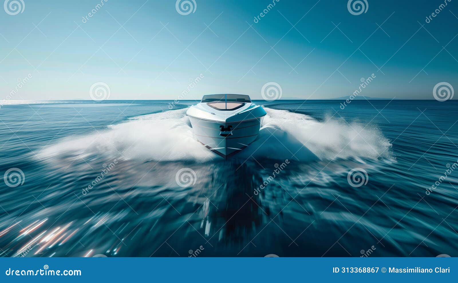 Front View of a Speedboat Cutting through Blue Sea Water, Creating ...