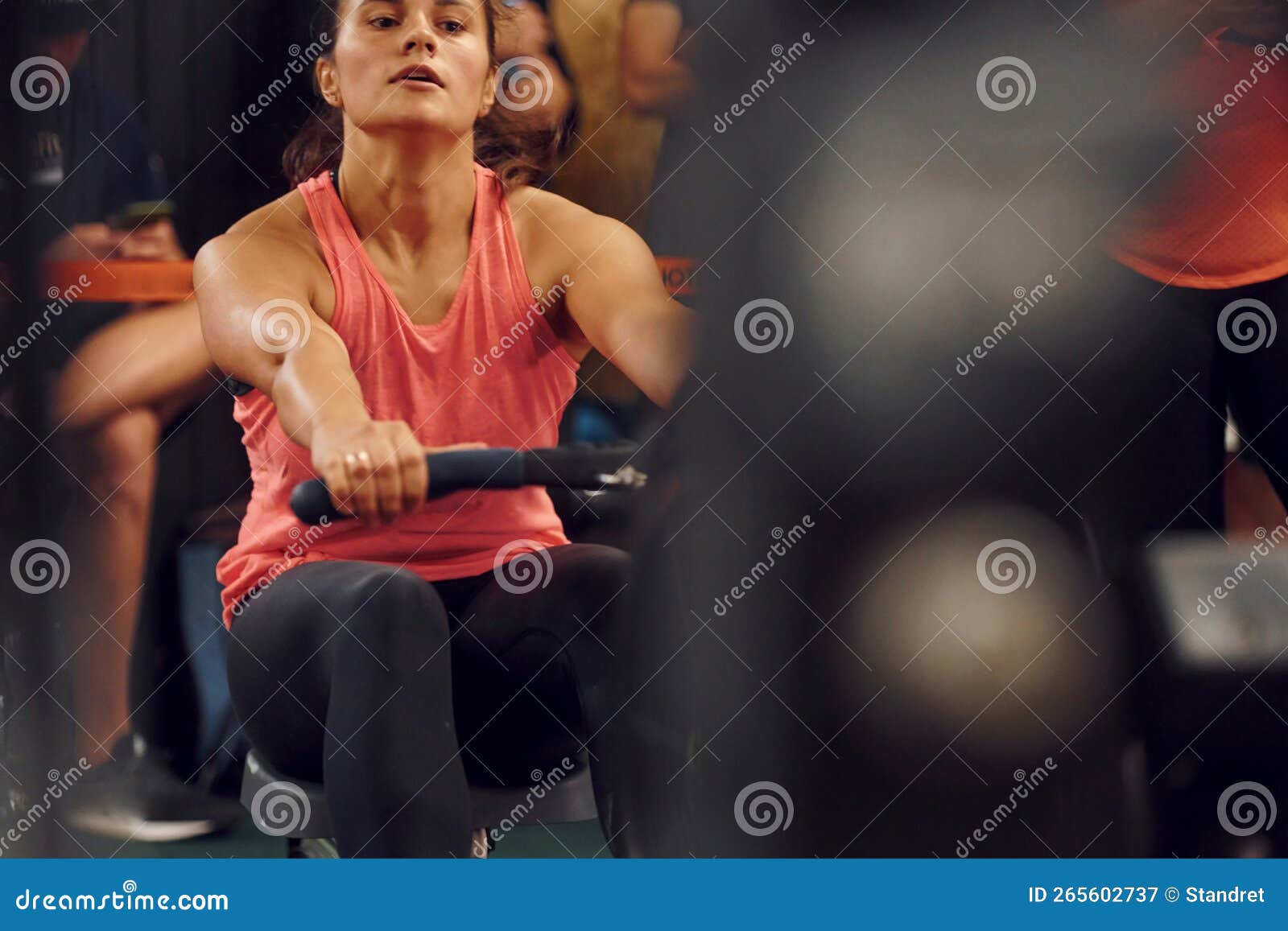 Front View. Sportive Woman Doing Exercises on Rowing Machine in the Gym ...