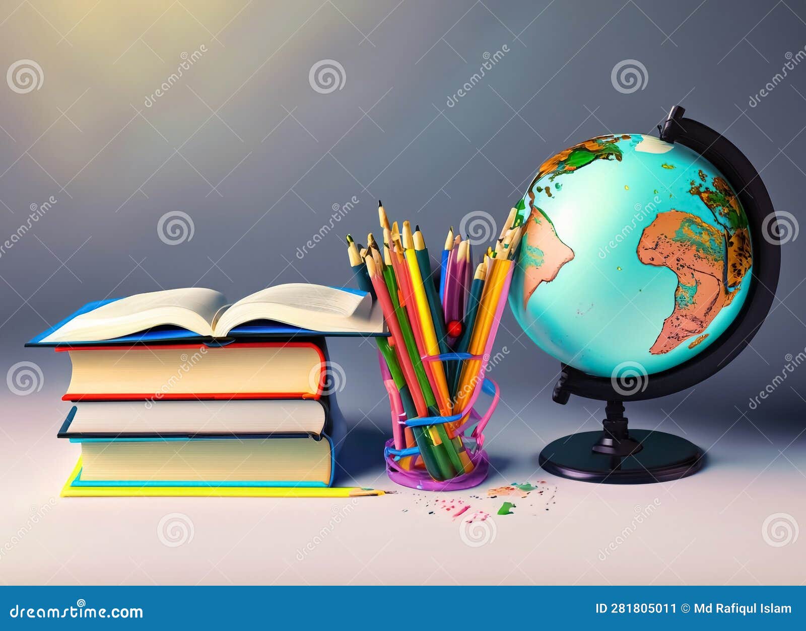Front View of Stacked Books an Earth Globe an Open Book and Pencils ...