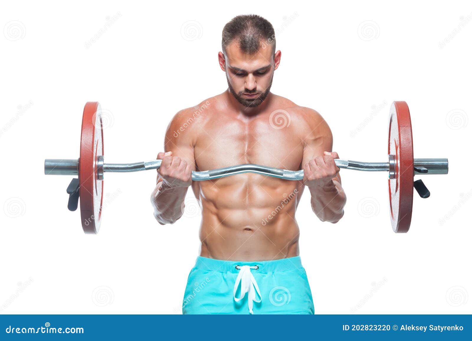 Front View of a Strong Man Bodybuilder Lifting a Barbell Isolated on ...