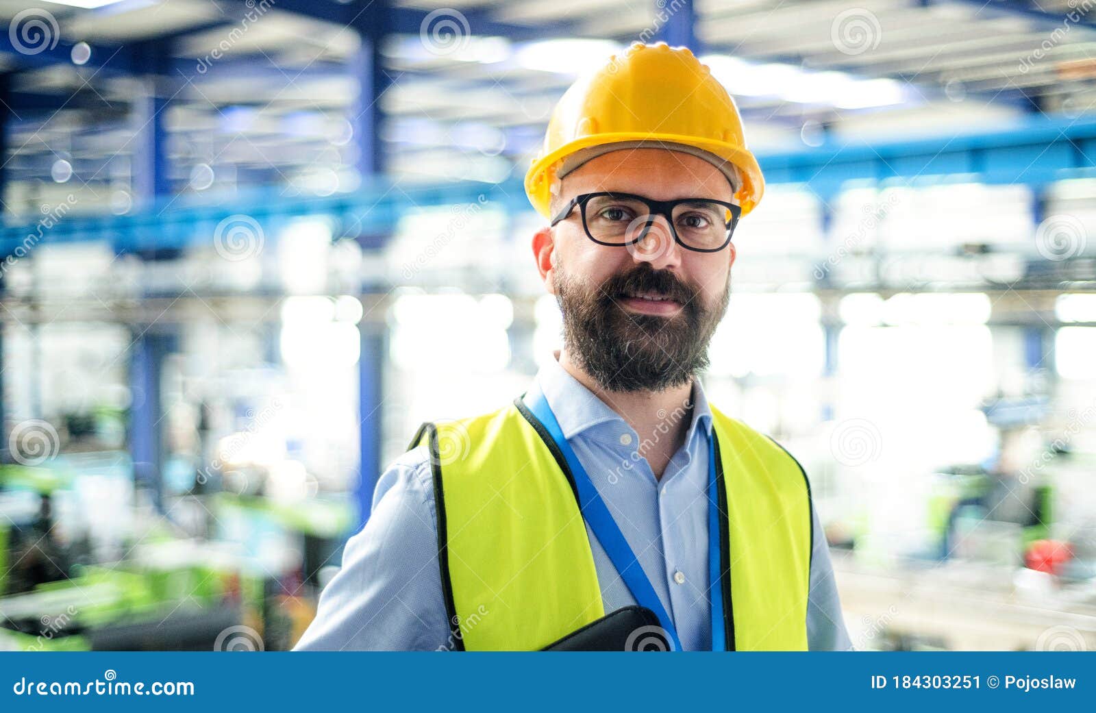 Front View of Technician or Engineer with Hard Hat Standing in ...