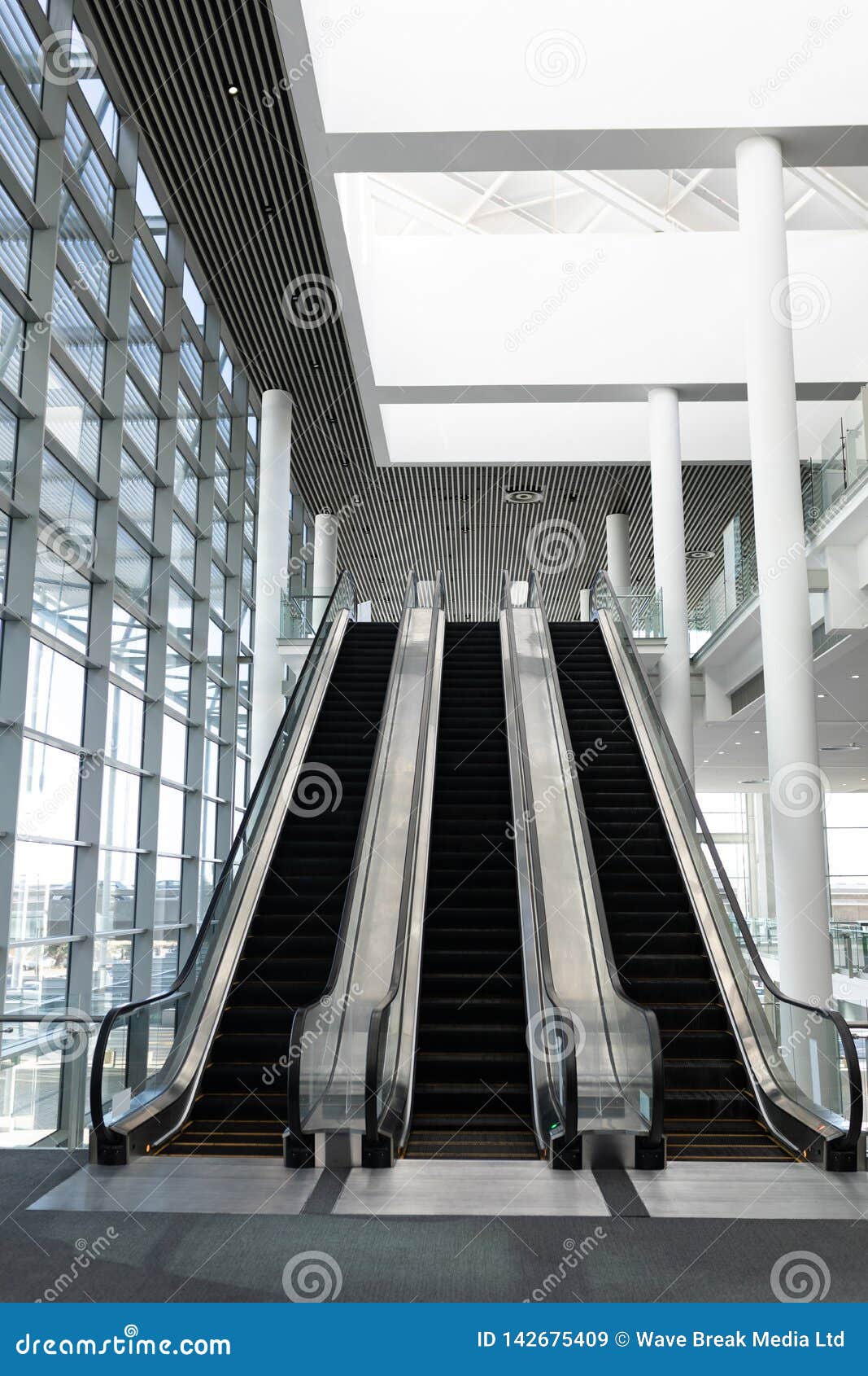 Front View of Three Modern Escalators in a Office Lobby Stock Image ...