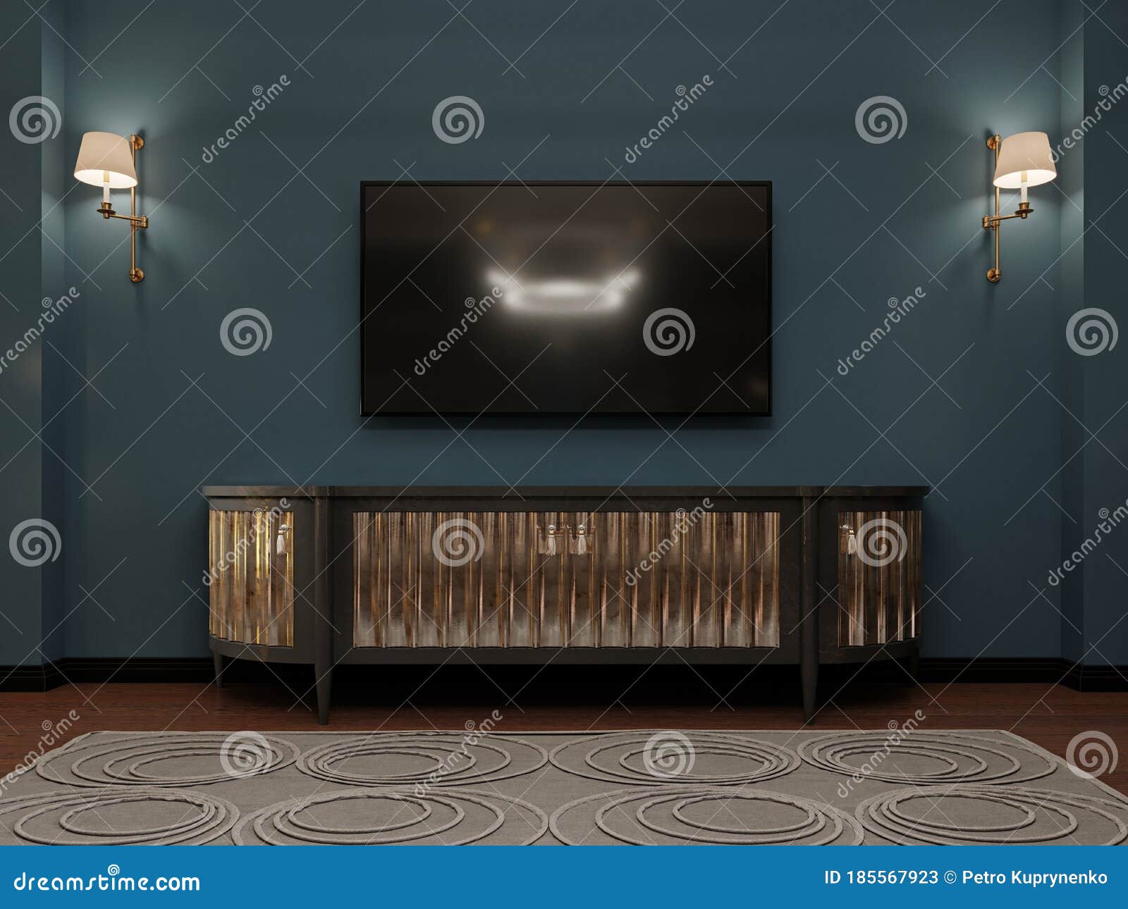 Front View of a Tv Unit with a Golden Facade with a Tv Set Over, Amid a ...