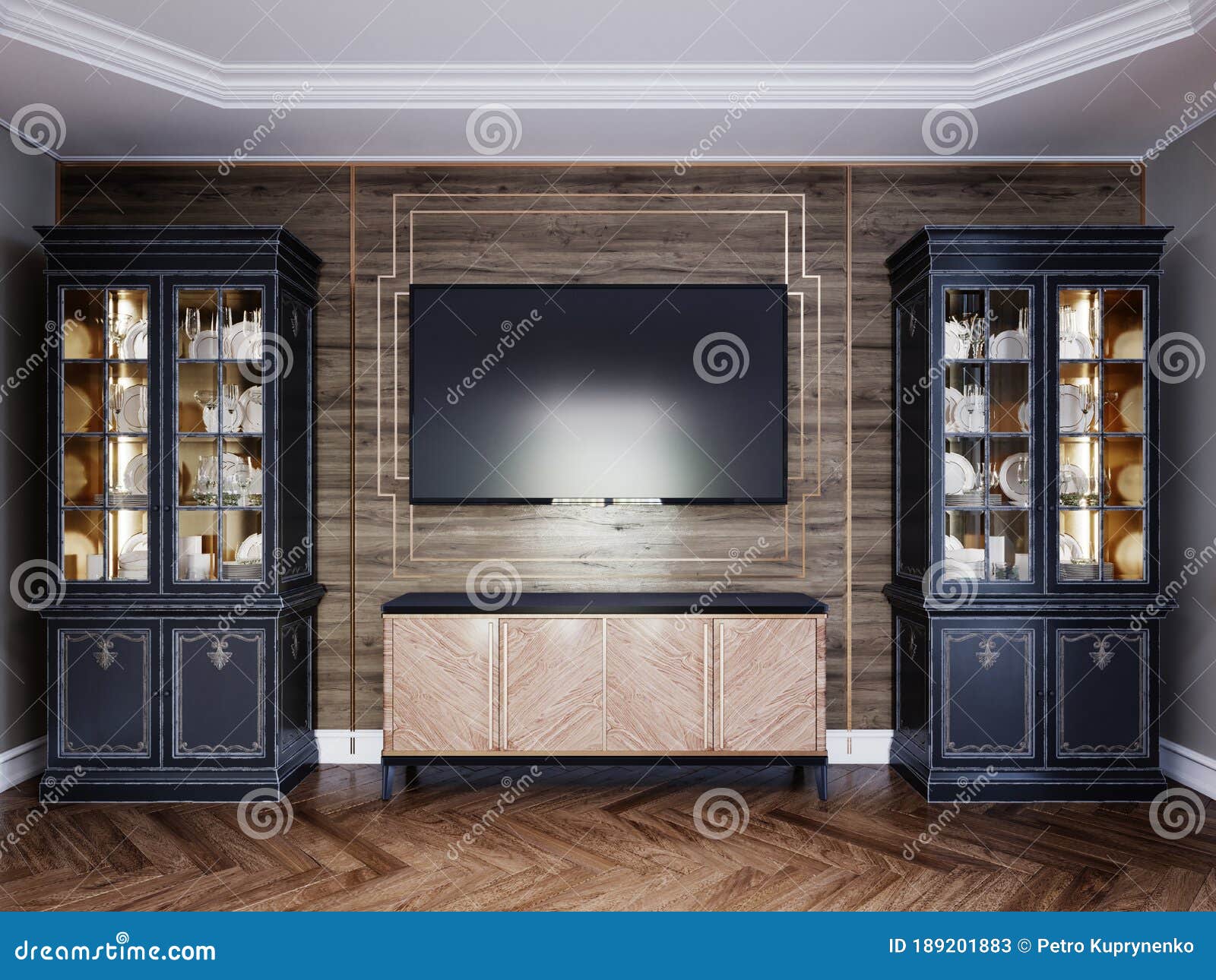Front View of a TV Unit on a Wooden Wall Background, Sideboards with ...