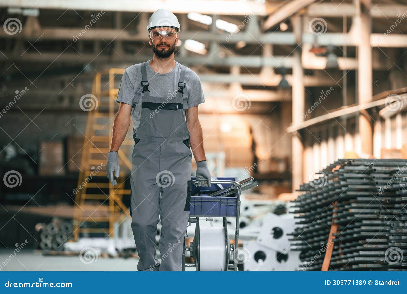 Front View, Walking Forward. Young Factory Worker in Grey Uniform Stock ...