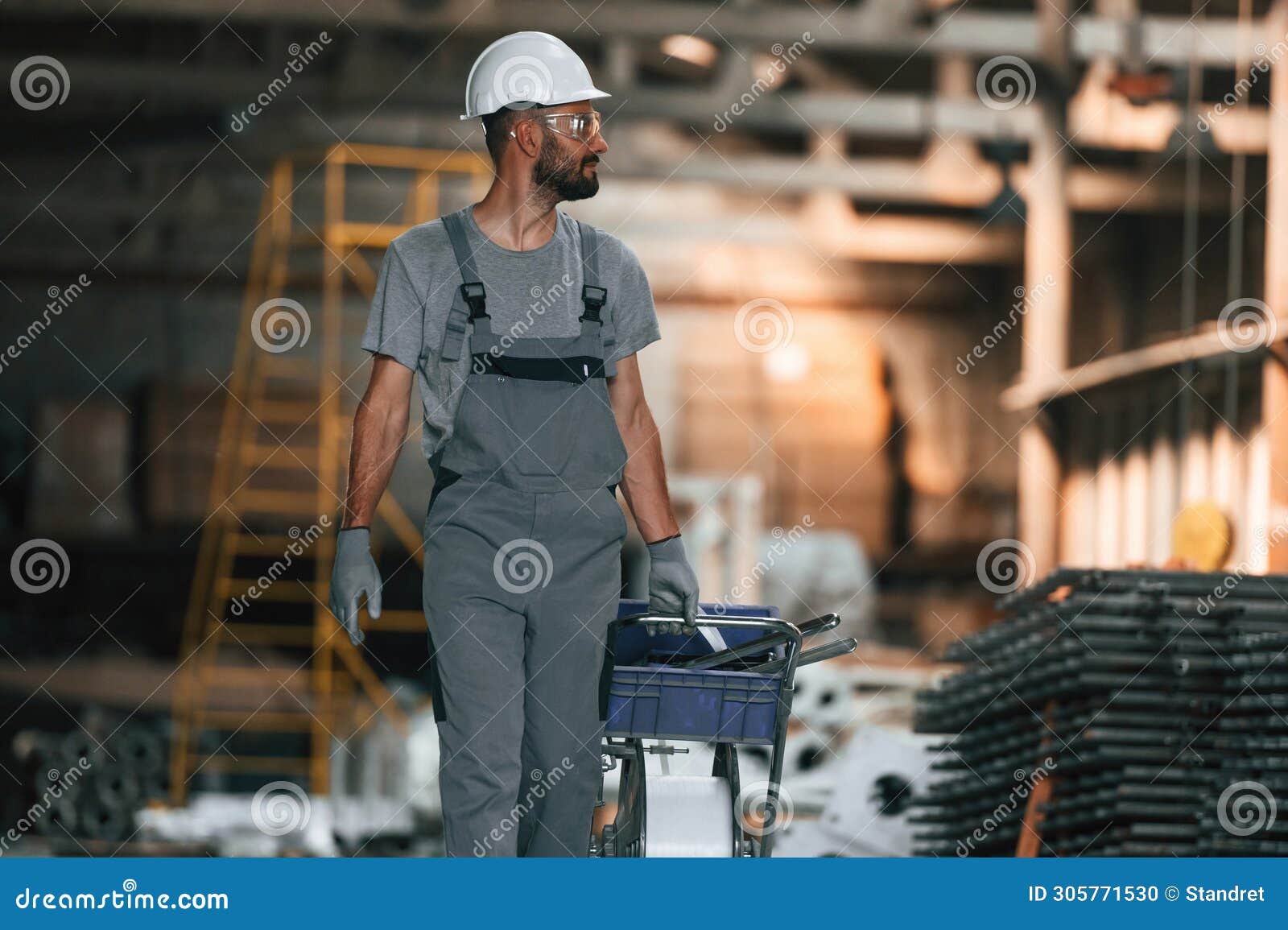 Front View, Walking Forward. Young Factory Worker in Grey Uniform Stock ...