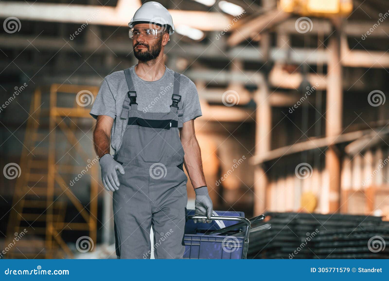 Front View, Walking Forward. Young Factory Worker in Grey Uniform Stock ...