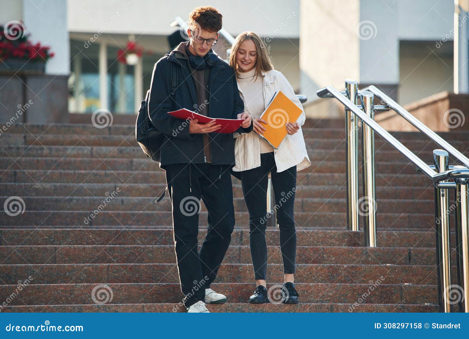 Front View, Walking the Stairs. Two Young Students are Together ...