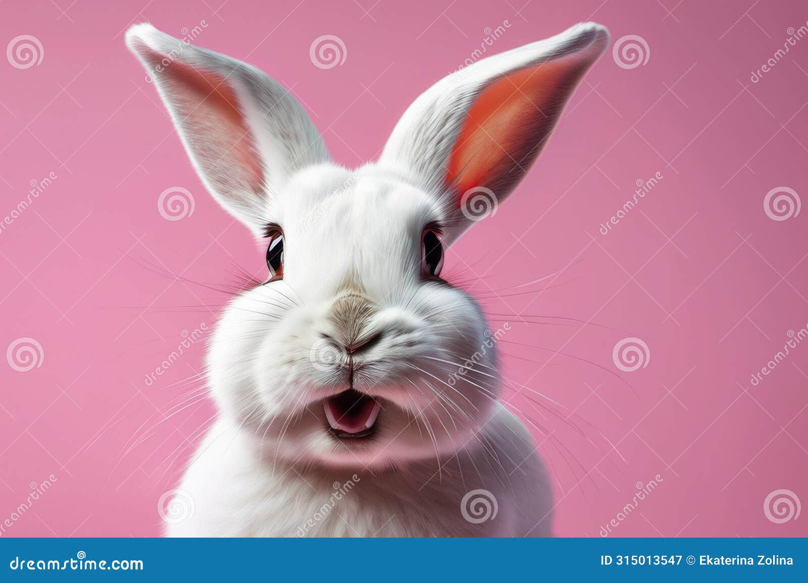 Front View of a White Cute Bunny Standing on a Pink Background. a ...