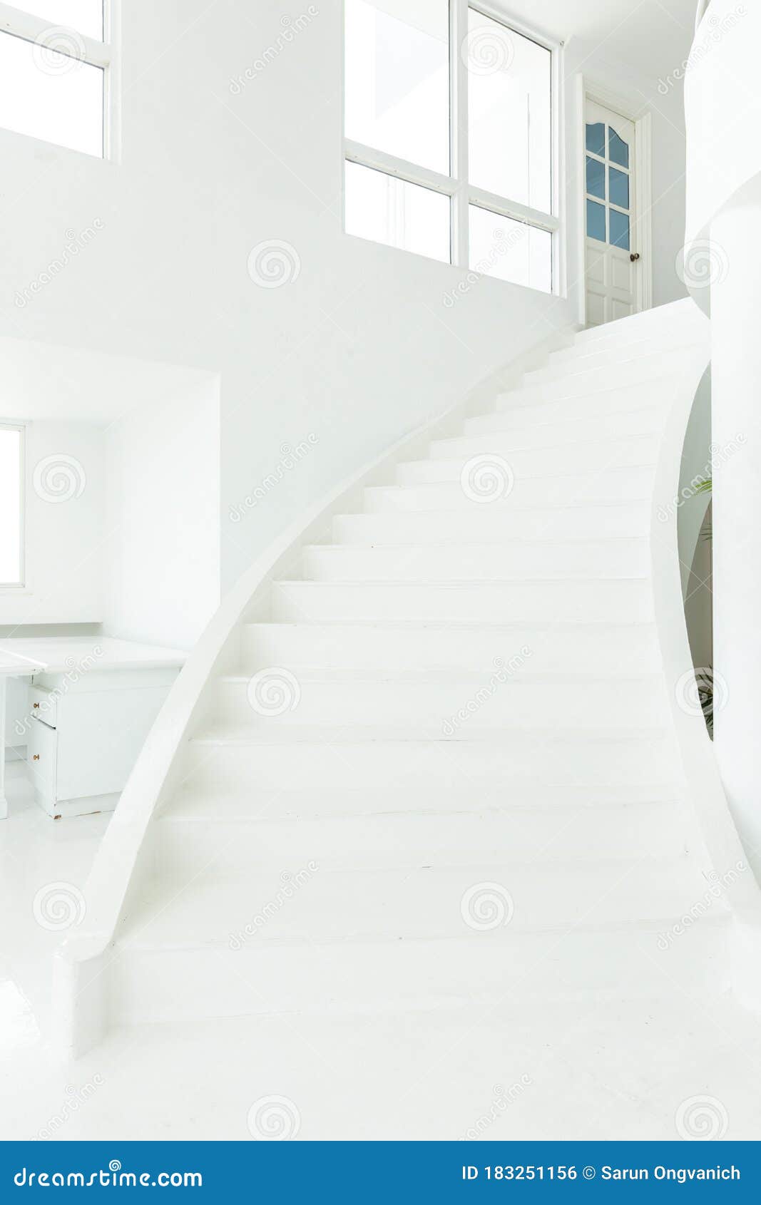 Front View of White Indoor Cement Stone Staircase without Railing in ...