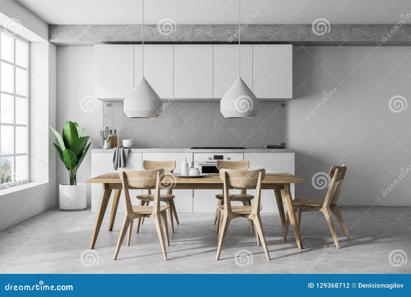 Front View of White Kitchen with Table and Chairs Stock Illustration ...