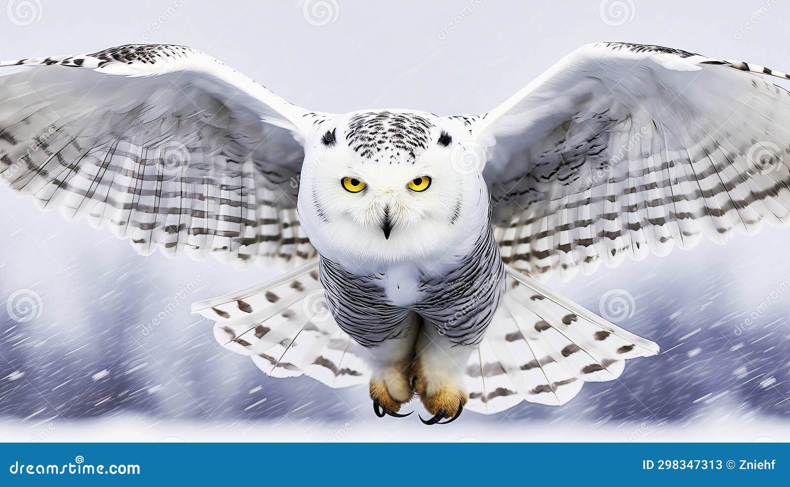 Front View of a White Snowy Owl Flying through a Snow Flurry, Made with ...