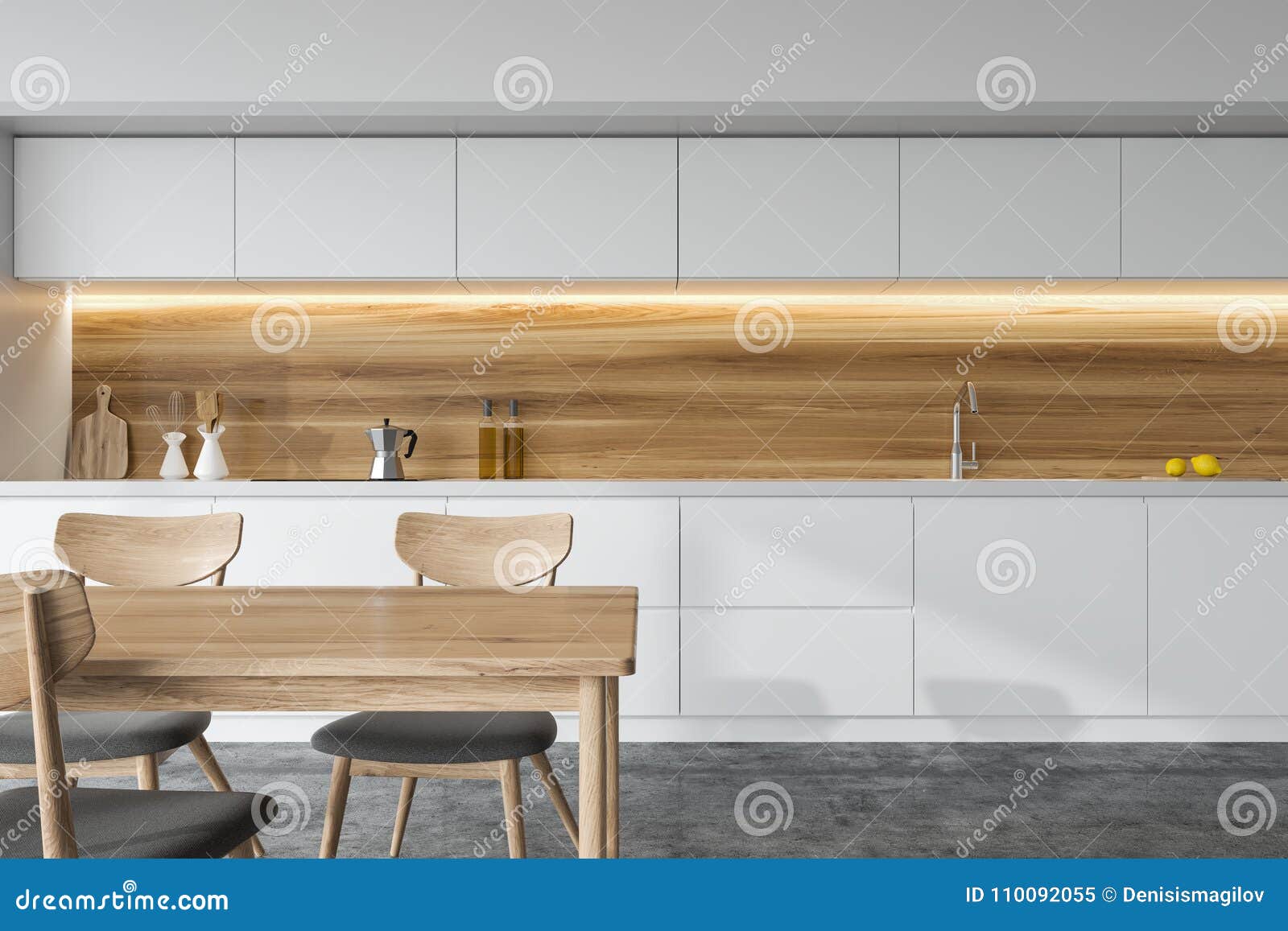 Front View of a White and Wooden Kitchen, Table Stock Illustration ...