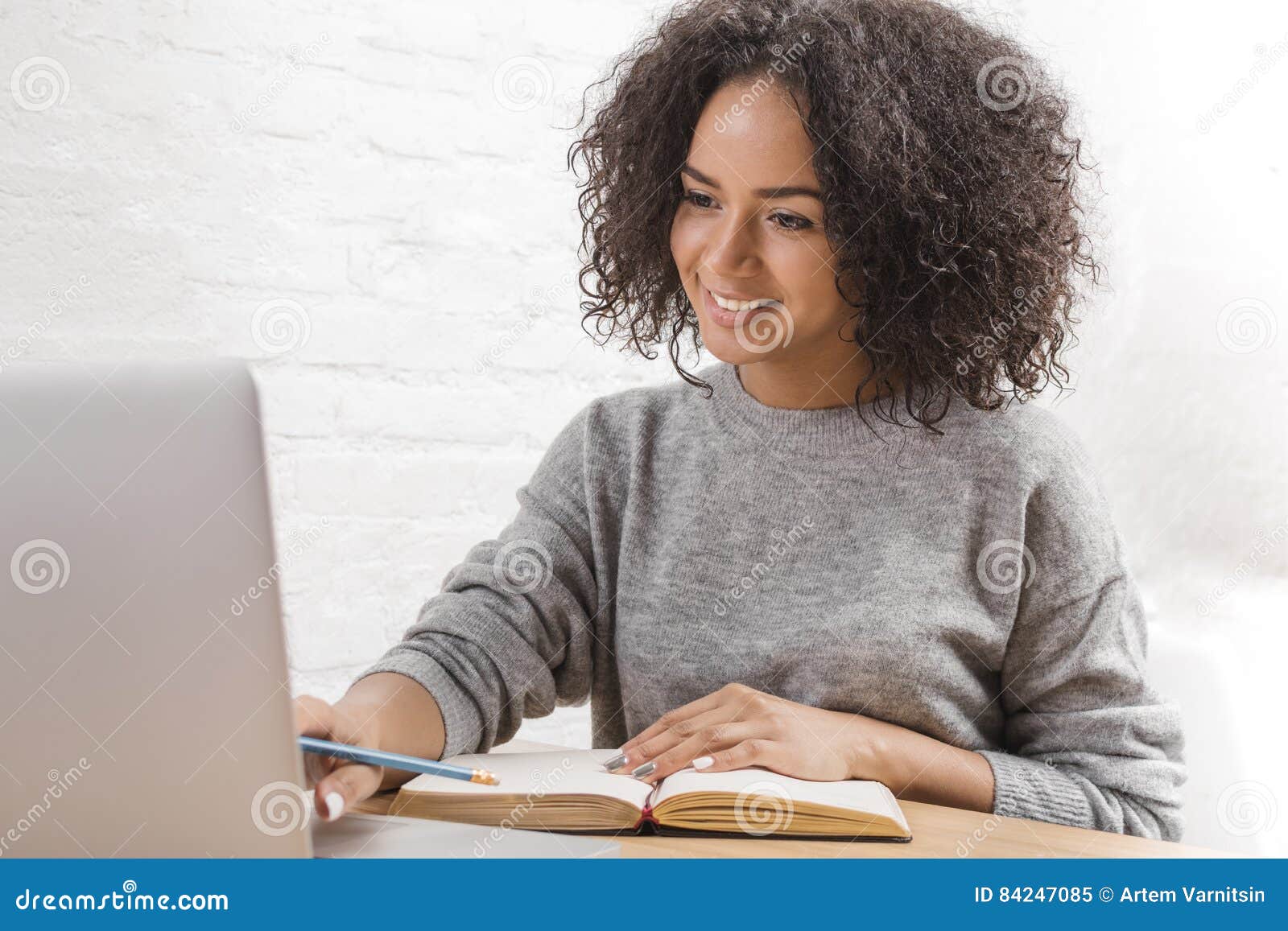 Front View of Woman Freelancer Using Laptop Computer Stock Image ...