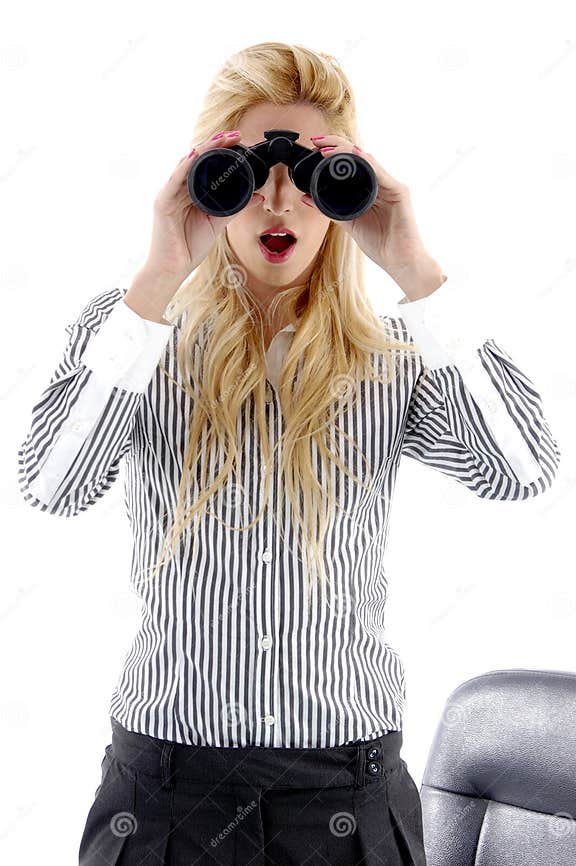 Front View of Woman Looking through Binocular Stock Image - Image of ...