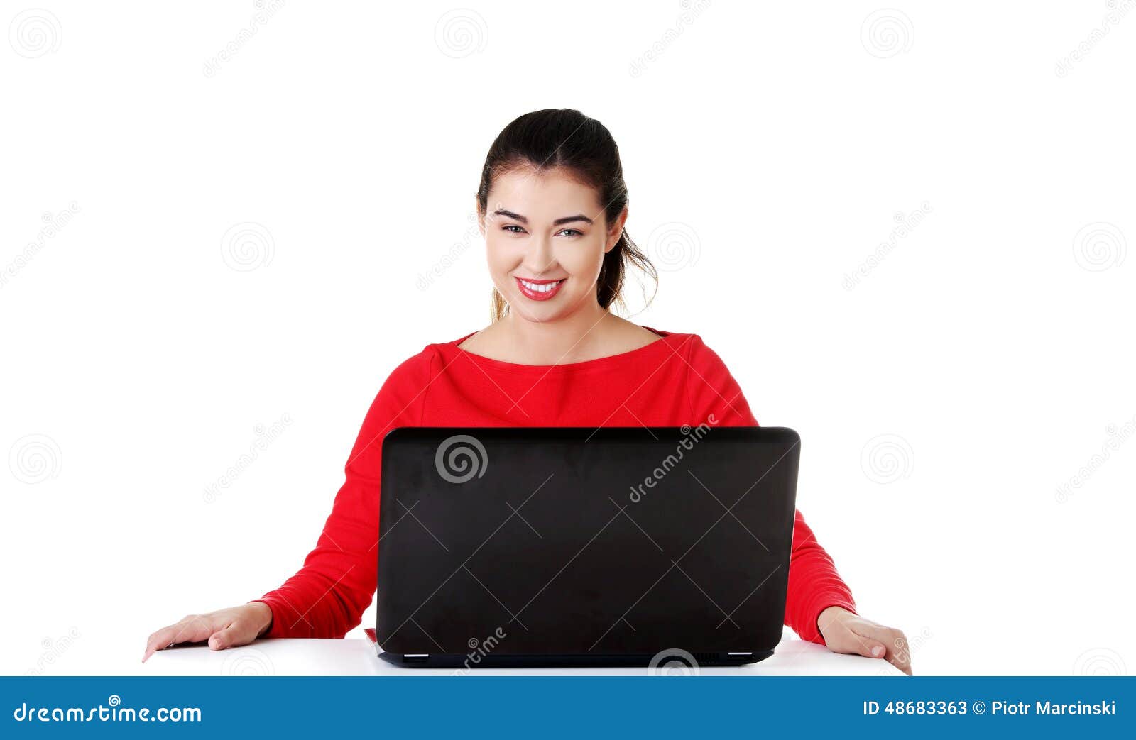 Front View Woman Sitting at the Desk with Laptop Stock Image - Image of ...