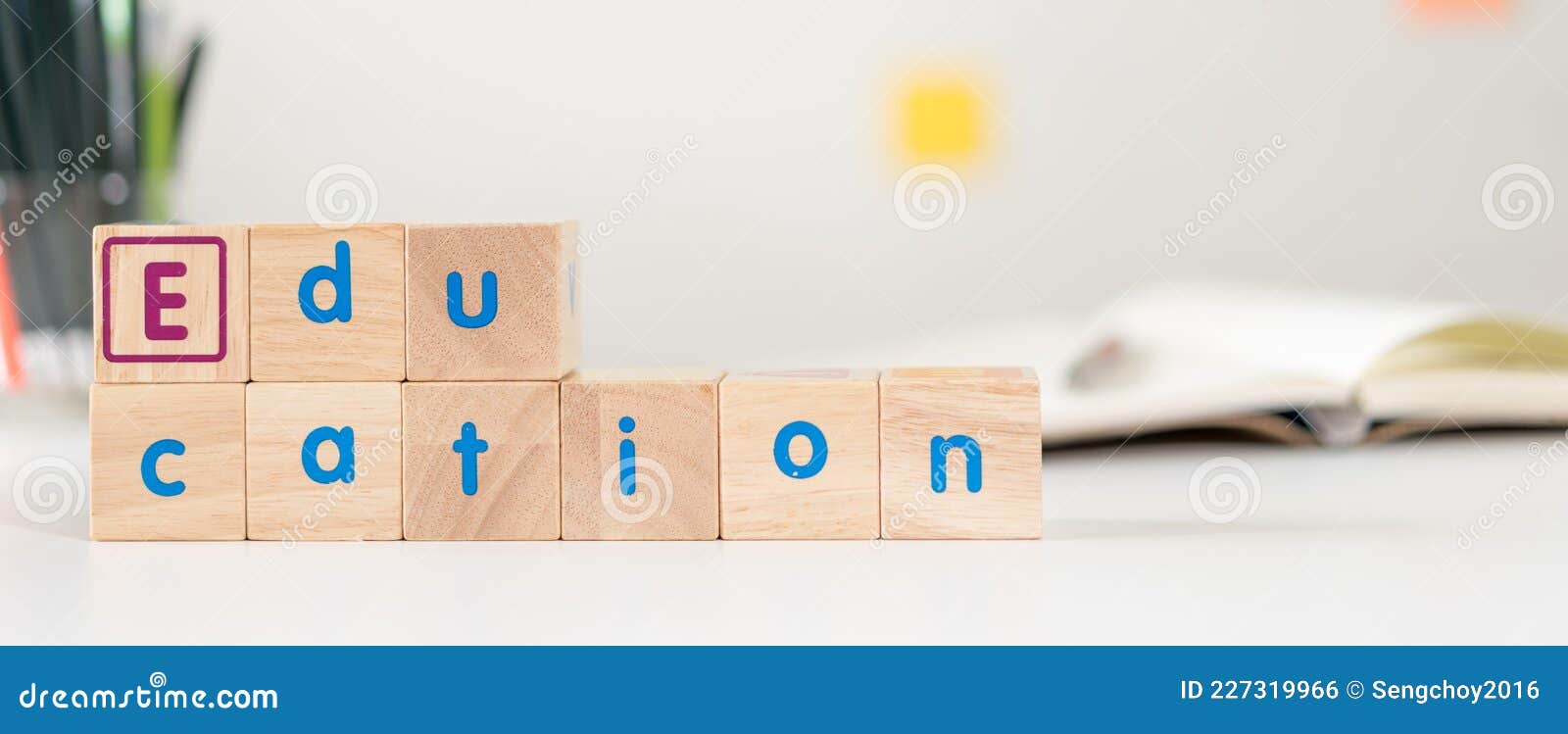 Front View of Wood Blocks with Words and Icons Represent Education ...