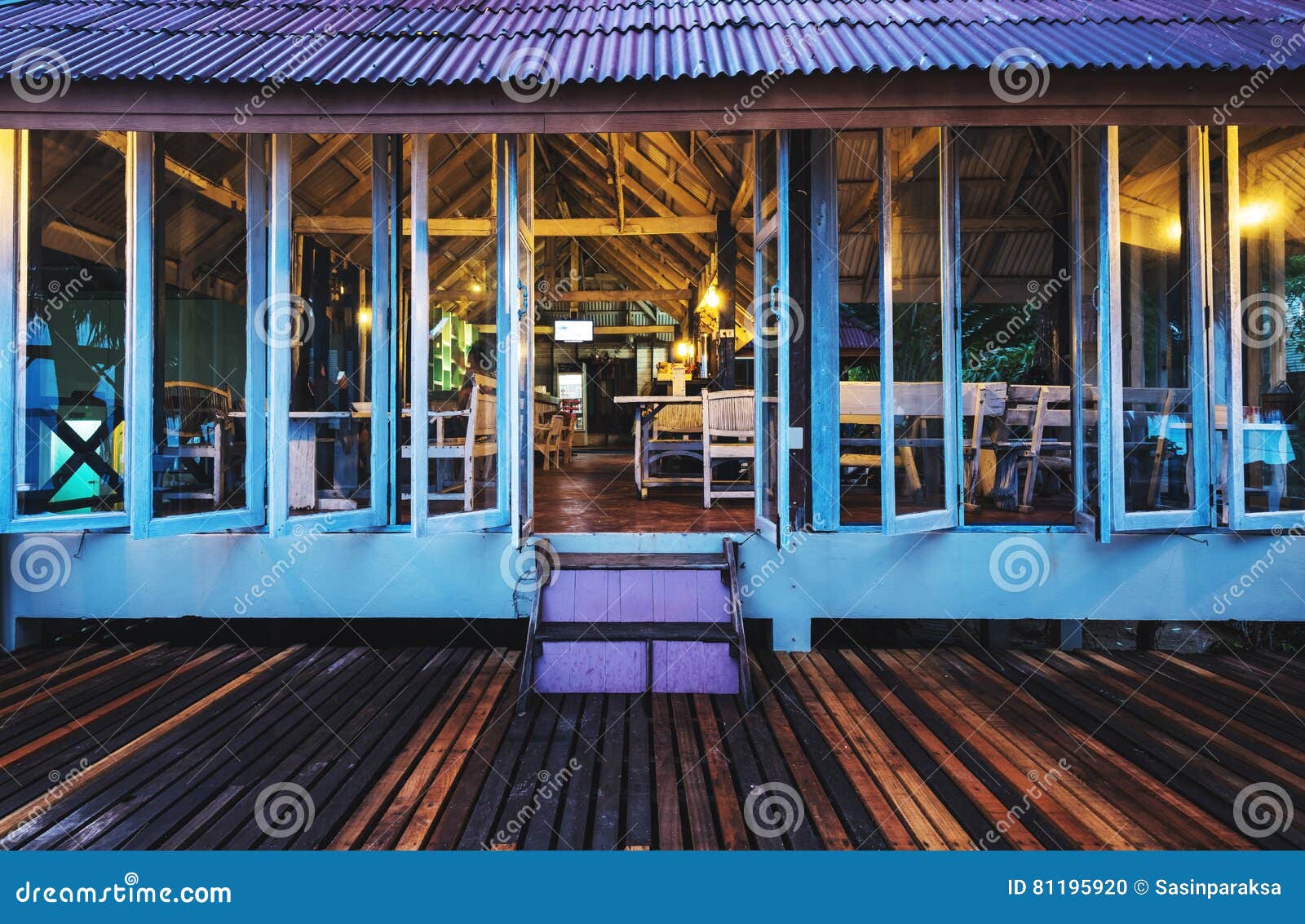 Front View Wooden Bar & Restaurant at Tropical Beach Stock Photo ...