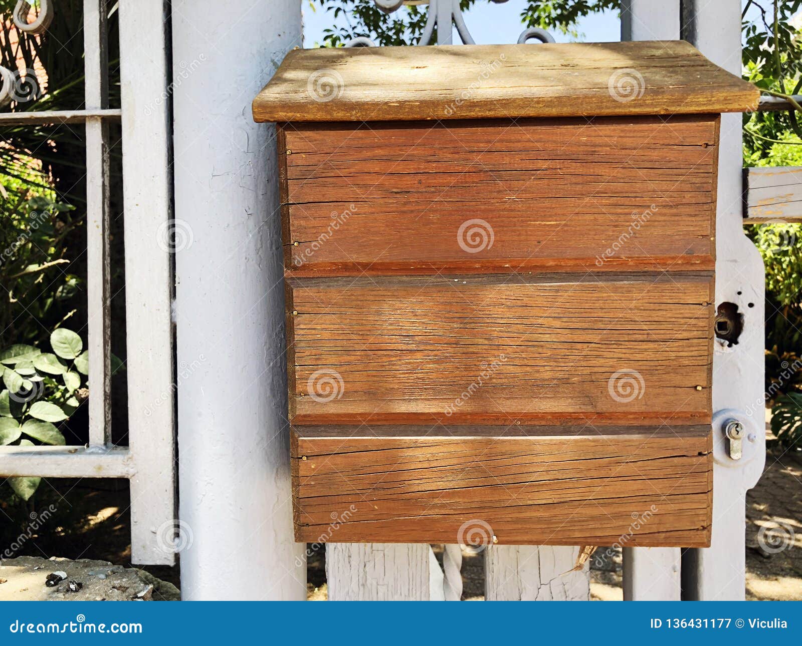 Front View Wooden Mailbox on Iron Gate . Close Up View Stock Image ...