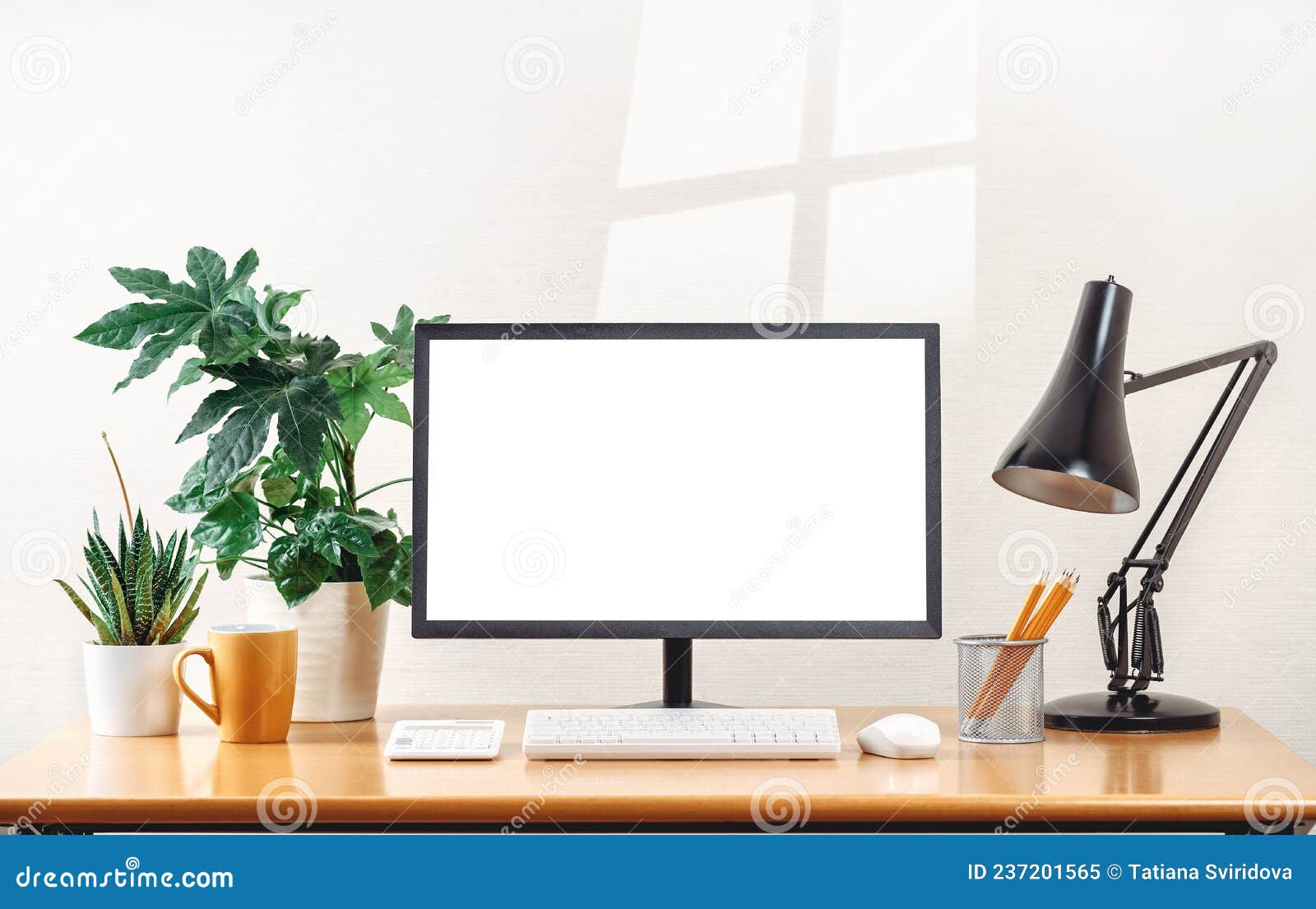 Front View of a Workspace Modern Computer . Blank Mockup Screen Stock ...
