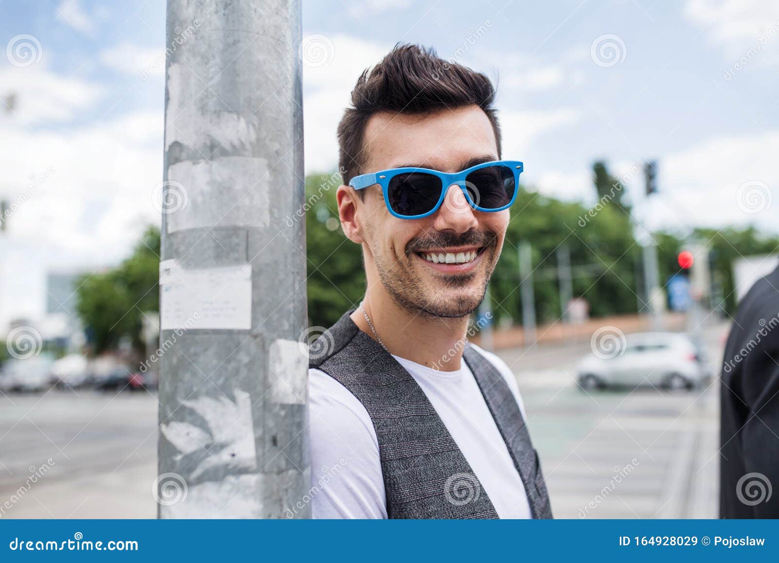 Front View of Young Blind Man Standing in City. Stock Image - Image of ...