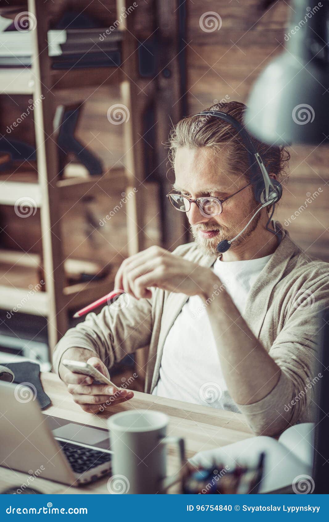 Front View of Young Freelancer Man Working Online. Stock Photo - Image ...