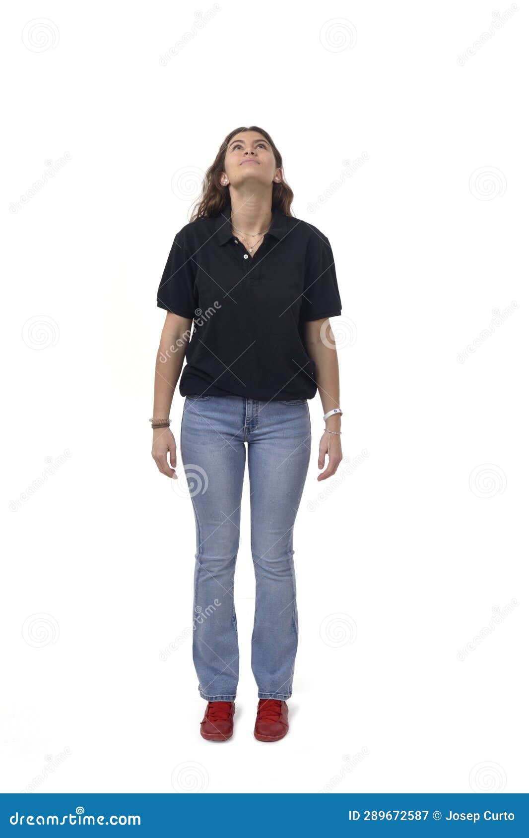 Front View of Young Girl Looking Up on White Stock Image - Image of ...