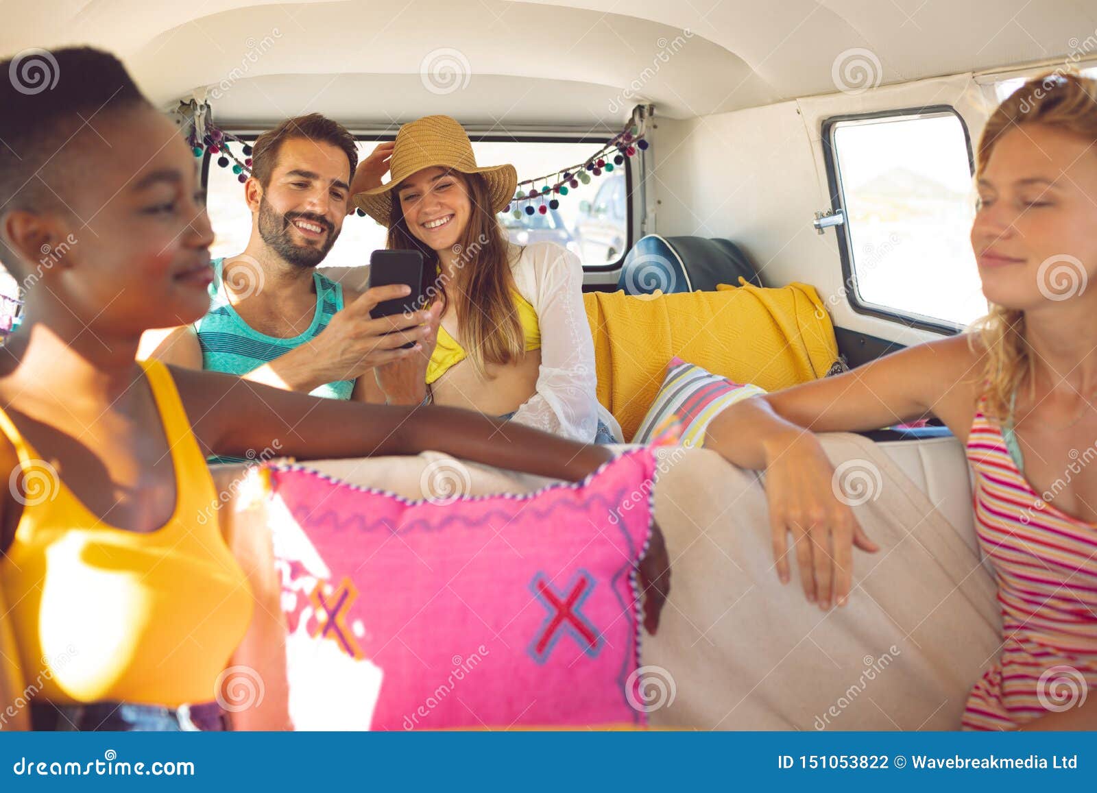 Group of Friends Having Fun in a Camper Van at Beach Stock Photo ...