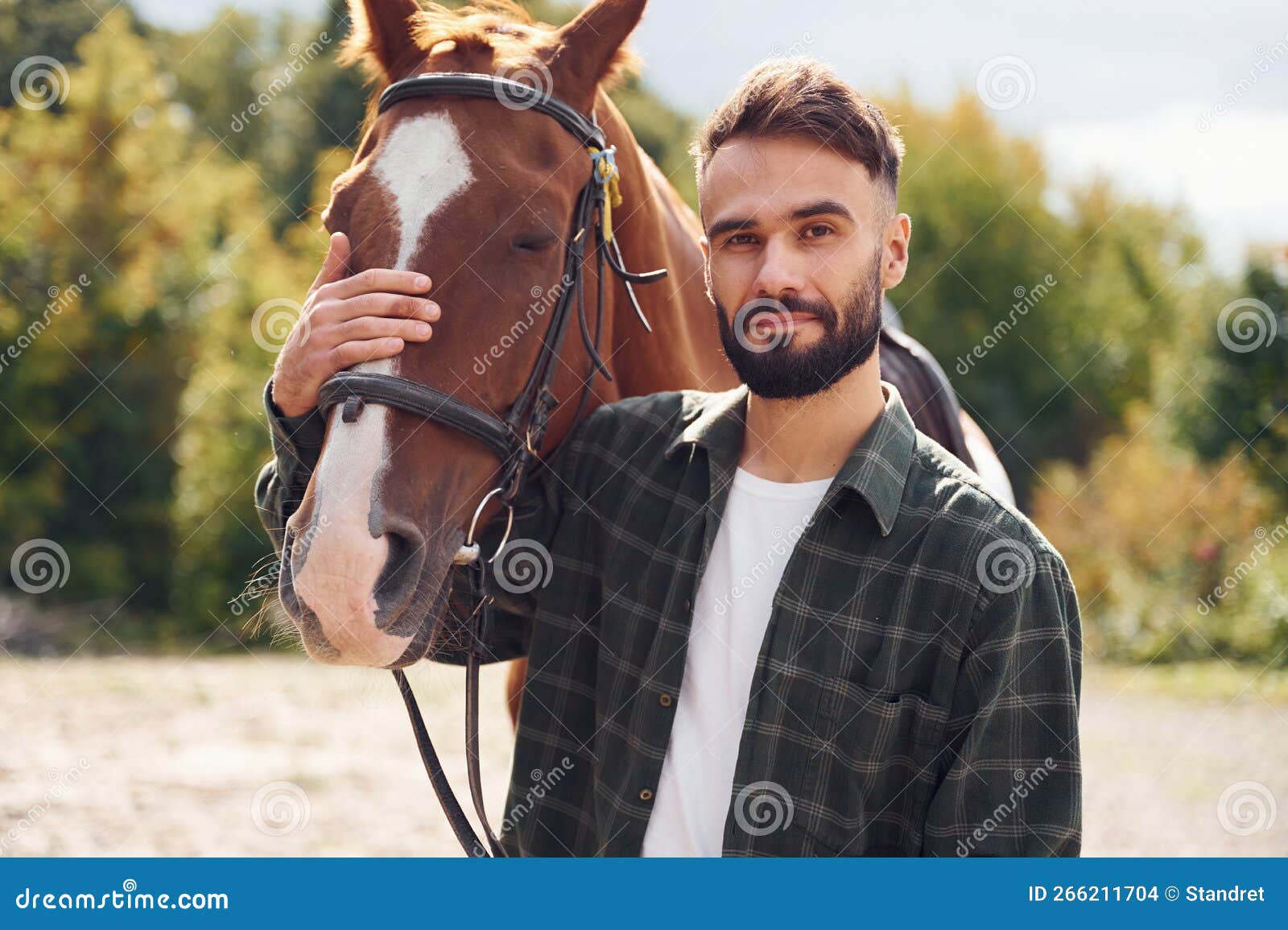 Front View. Young Man with a Horse is Outdoors Stock Photo - Image of ...