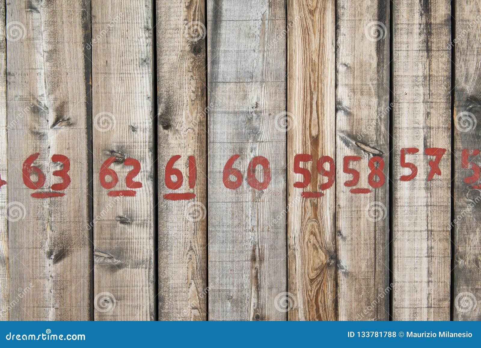 Wall from Wooden Planks with Numbers Written with Red Paint Stock Photo ...