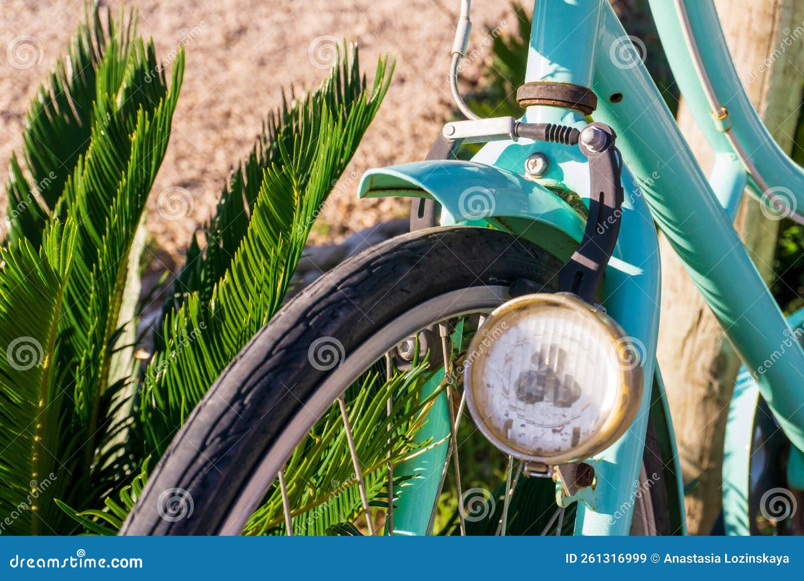 Front Wheel of an Old Turquoise Bicycle with One Headlight Stock Image ...