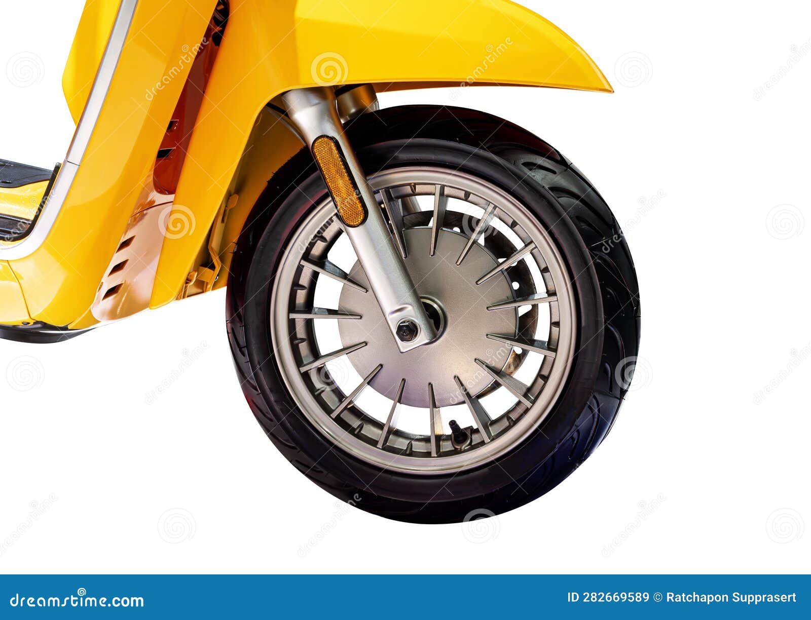 Front Wheel Yellow Motorcycle Scooter Isolated on White Background with ...