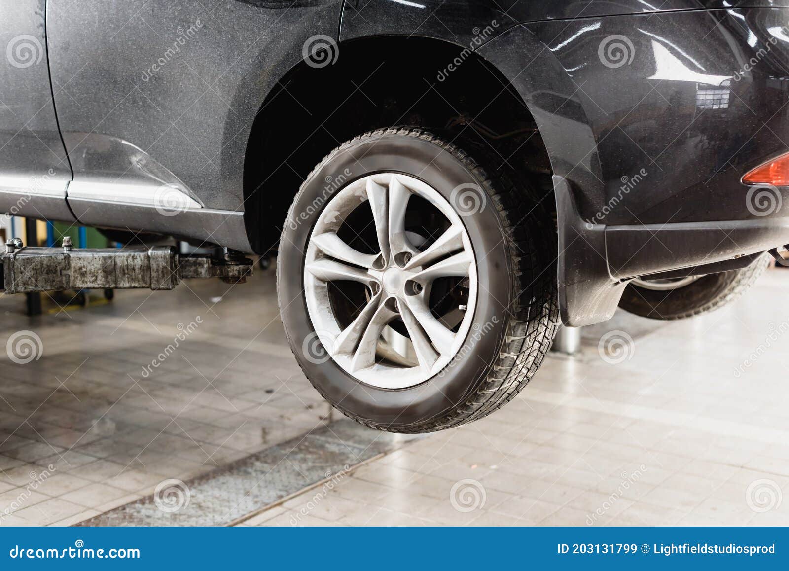 Front Wheels of Modern Car Raised Stock Image - Image of workshop ...