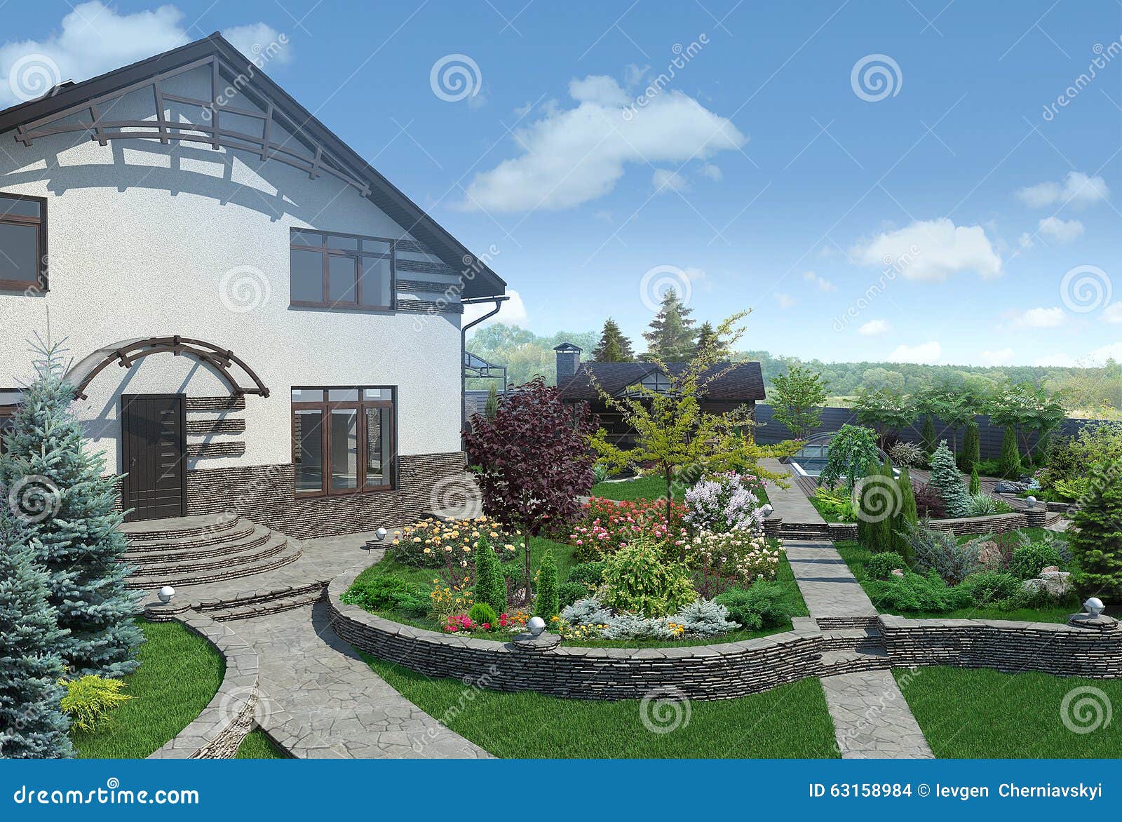 A Terraced Walkway Along The Pool In The Courtyard Of A Luxurious ...