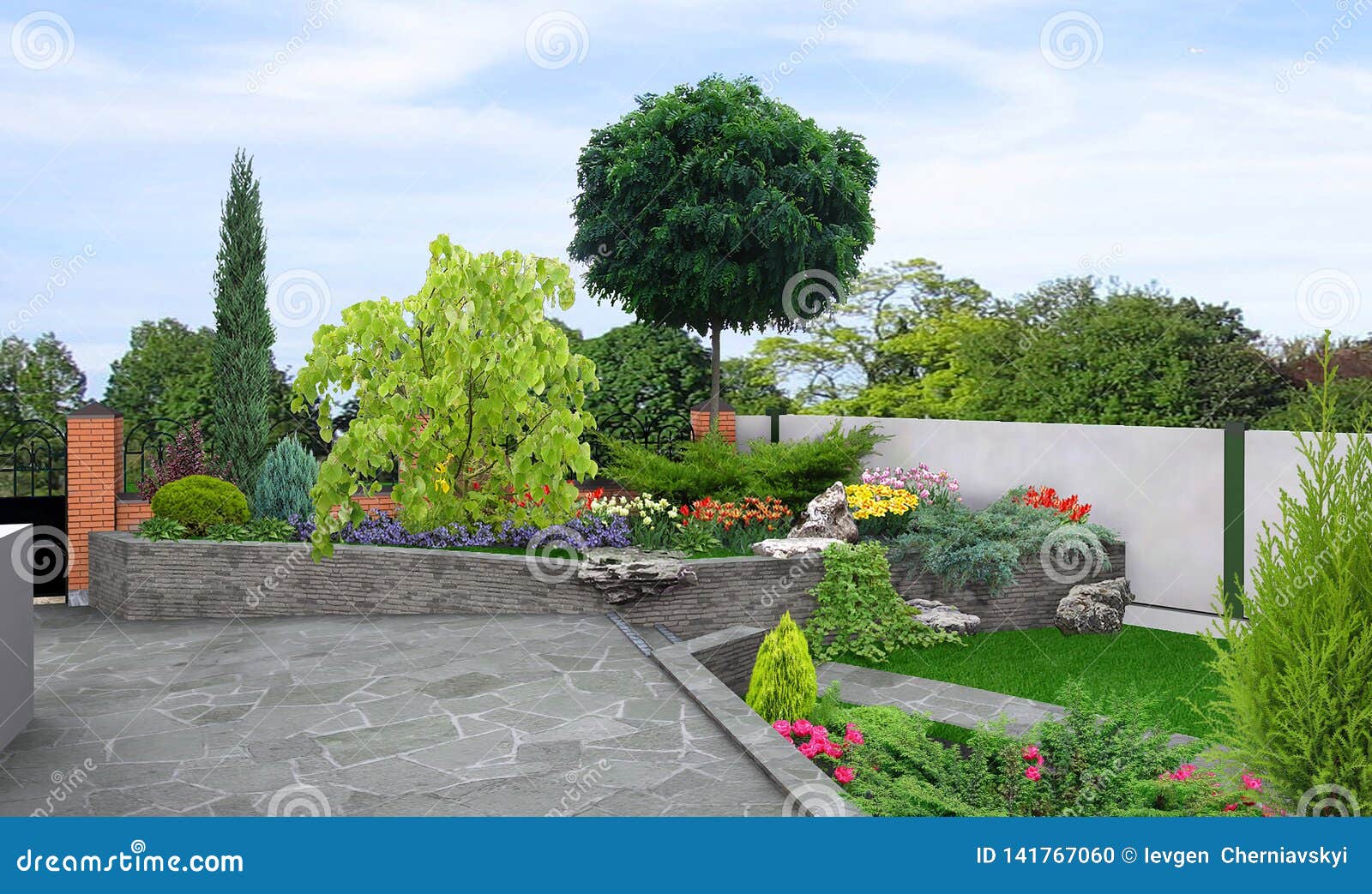 Front Yard Multi Level Landscaping, 3d Render Stock Illustration ...