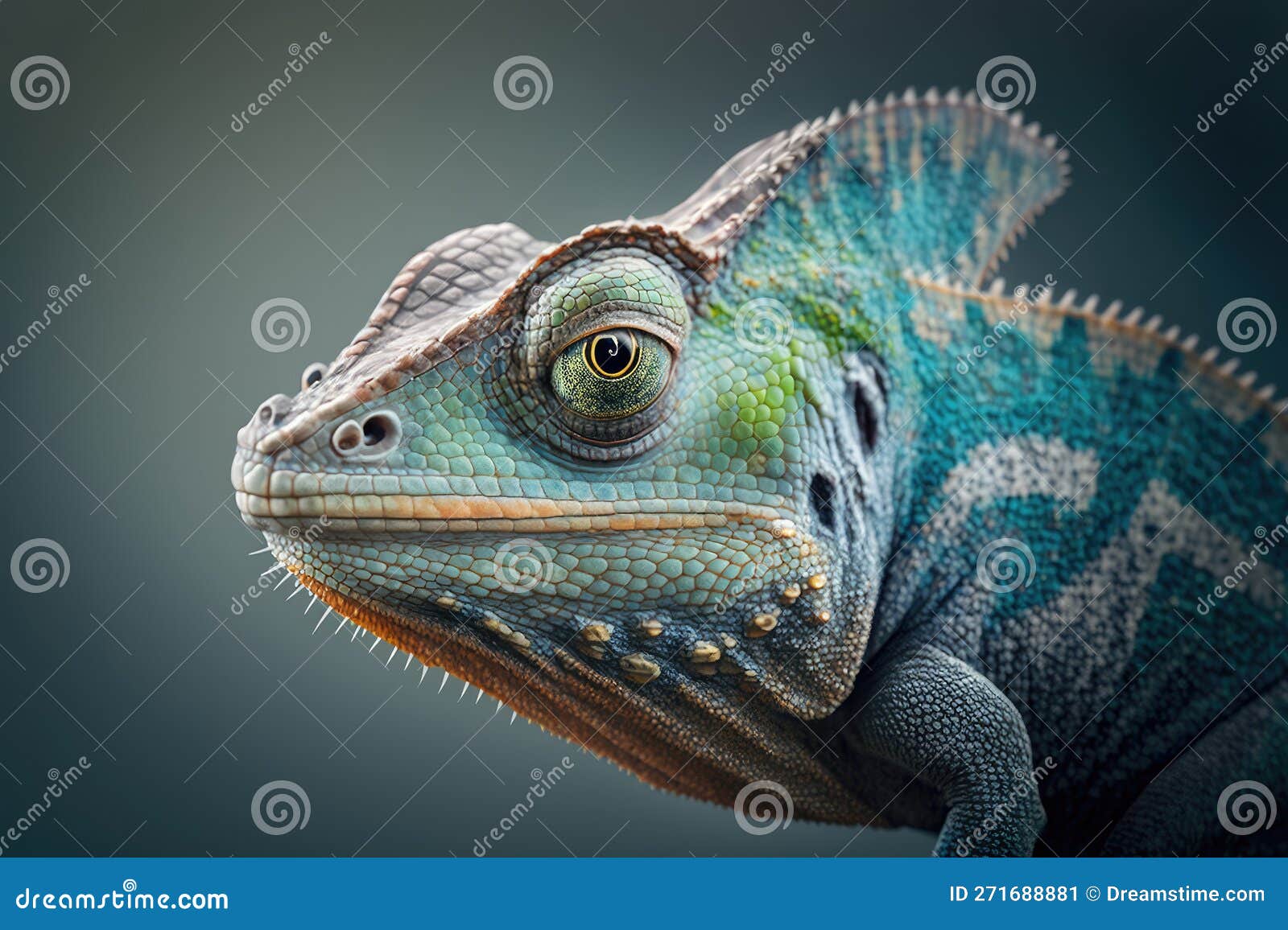 Frontal Chameleon Head Closeup, Animal Portrait, Grey Background Stock ...