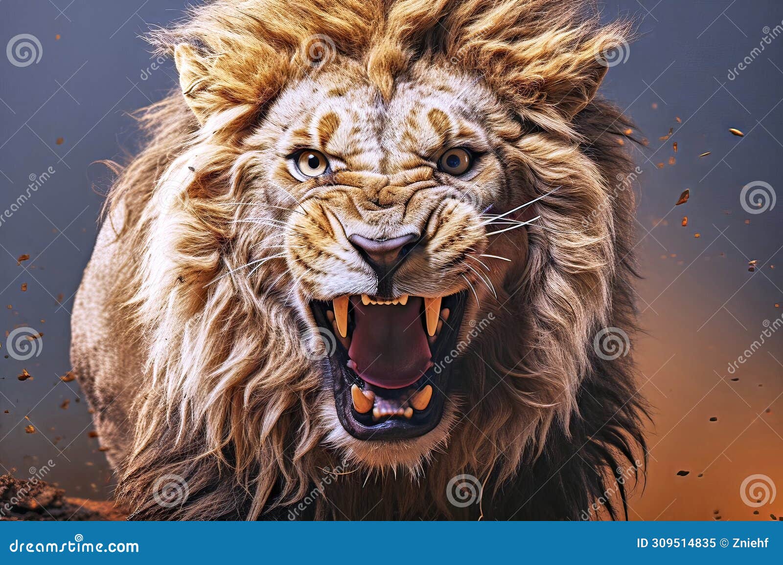 Frontal Portrait of an Angry Roaring Male Lion Stock Image - Image of ...