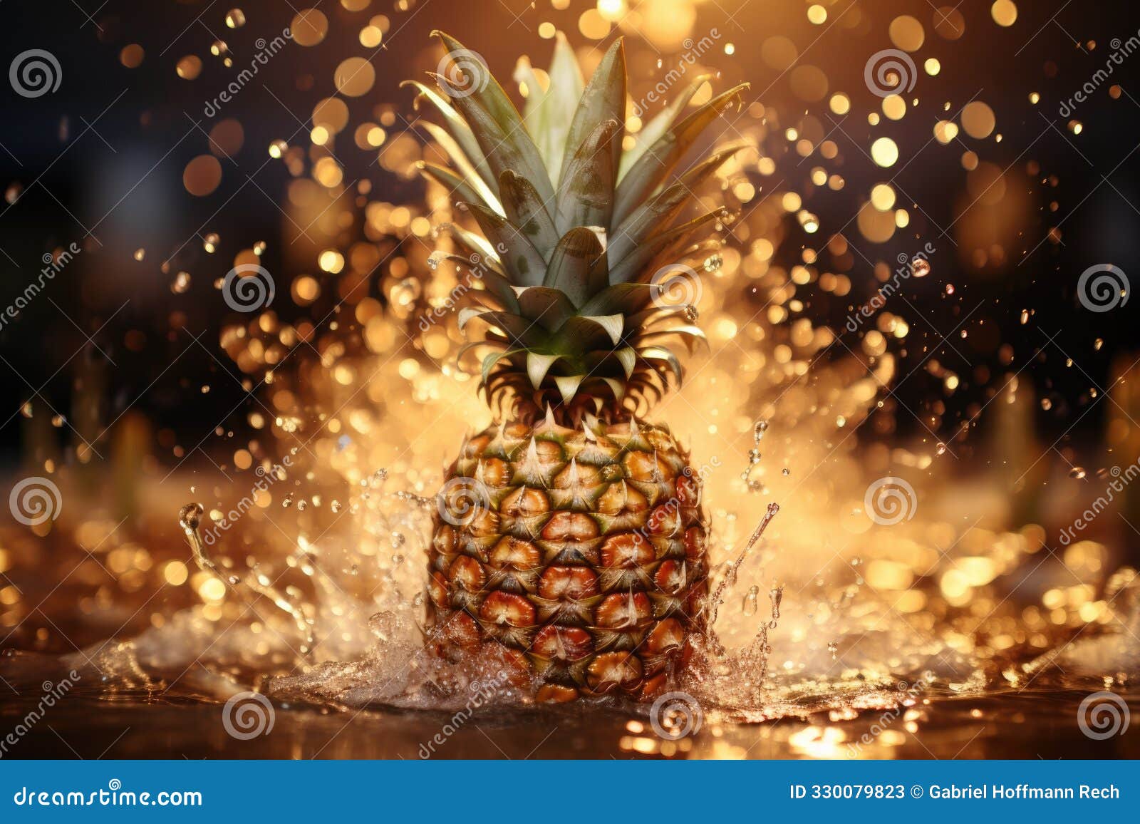 Frontal Sight of Fresh Golden Pineapple Falling Whole on the Free Sp ...