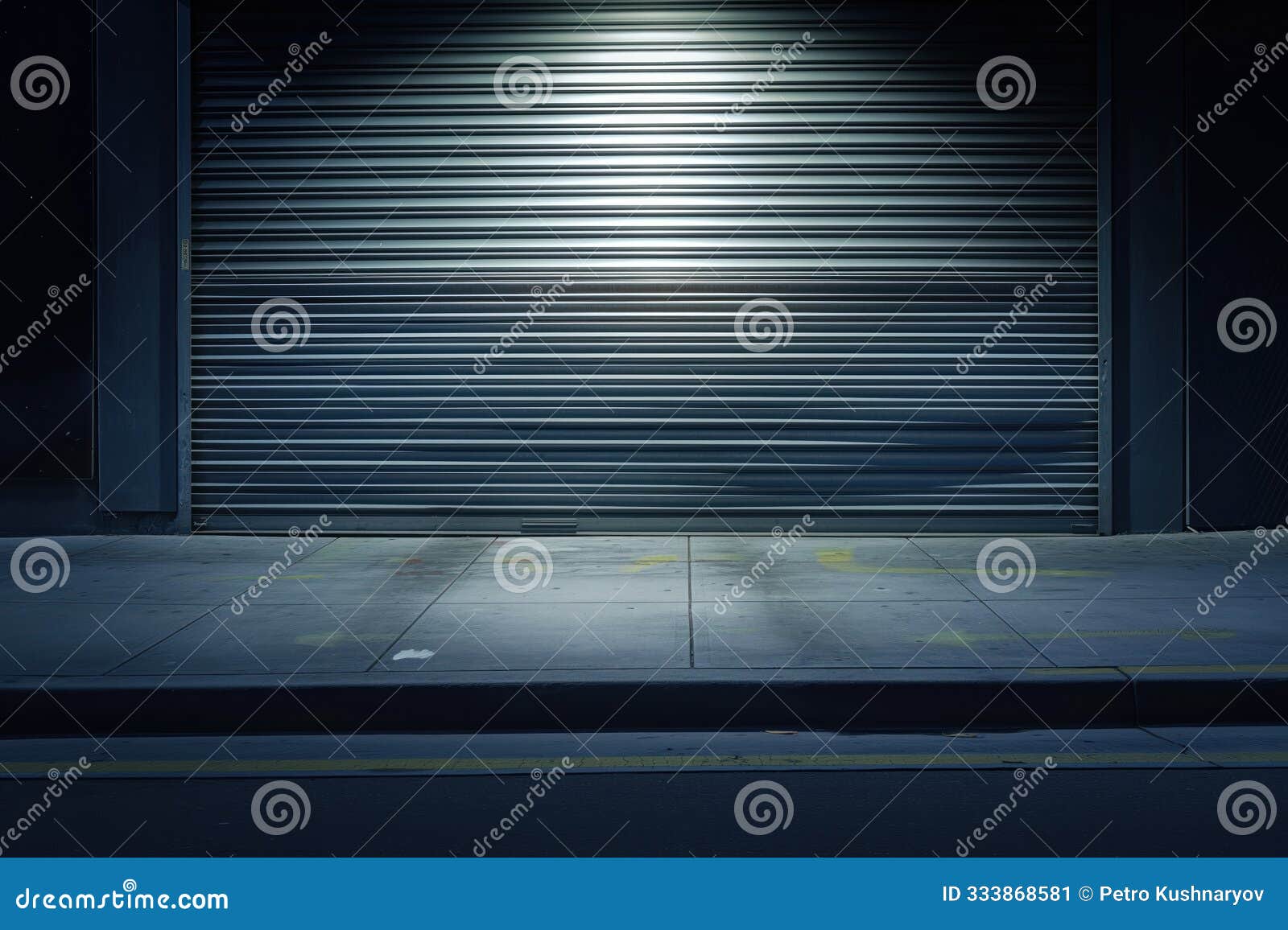 Frontal View of a Closed Metal Roller Shutter at Night. Empty Sidewalk ...