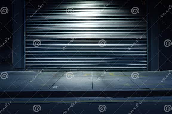 Frontal View of a Closed Metal Roller Shutter at Night. Empty Sidewalk ...