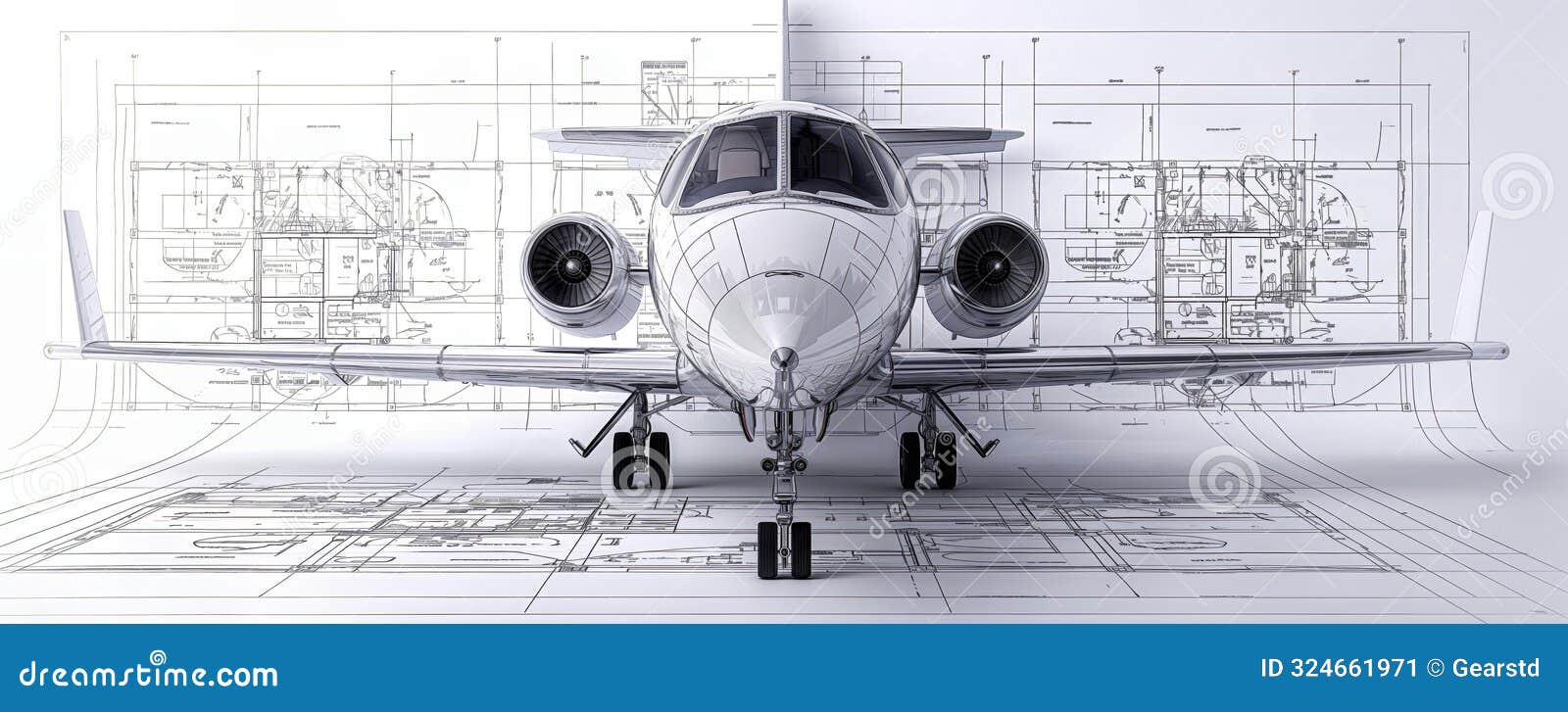 Frontal View of a Jet on Unfolded Technical Plans Stock Image - Image ...