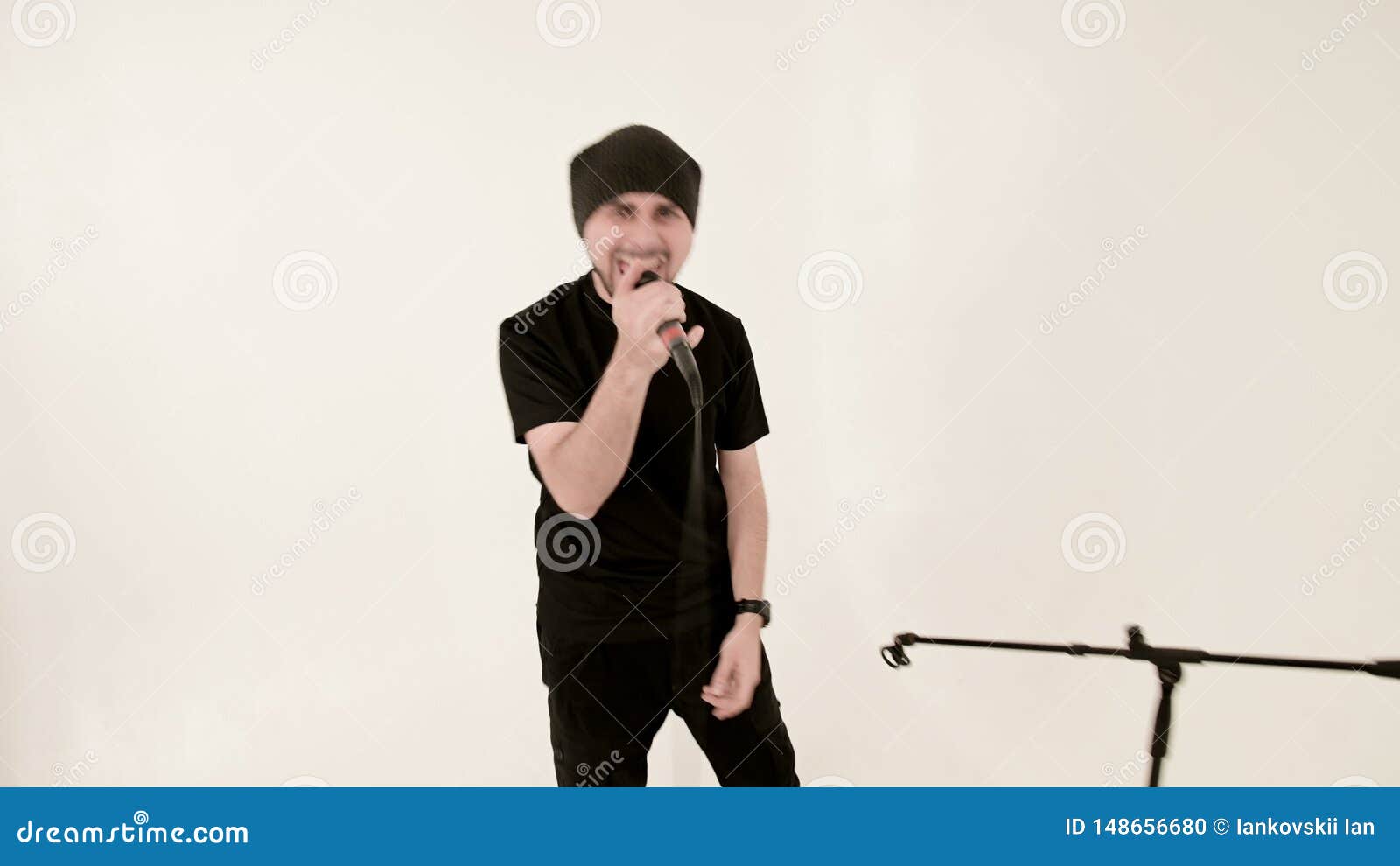 Frontman Vocalist Rock Pop with a Stylish Beard in Black Clothes and a ...