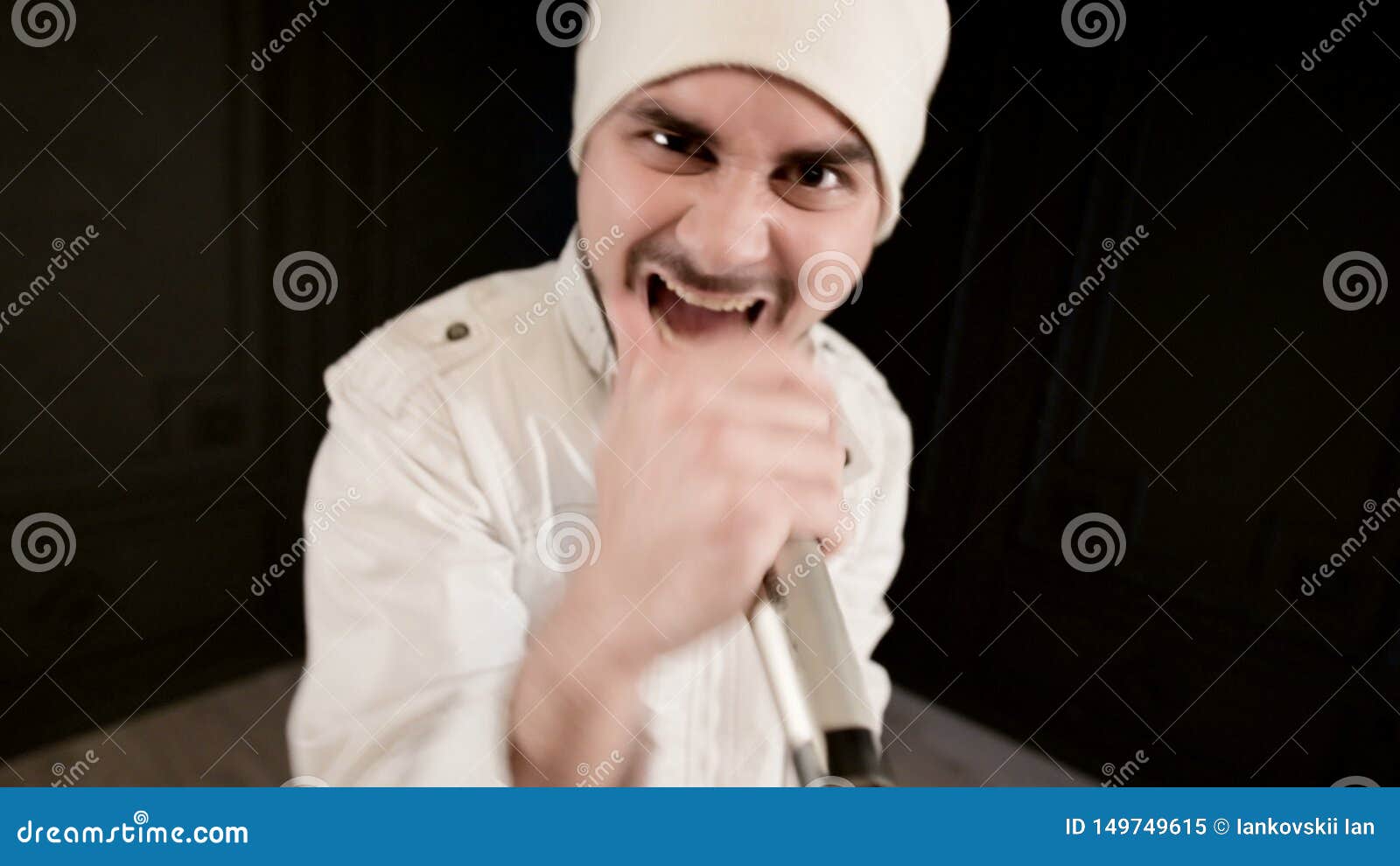 Frontman Vocalist Rock Pop with a Stylish Beard in White Clothes and a ...