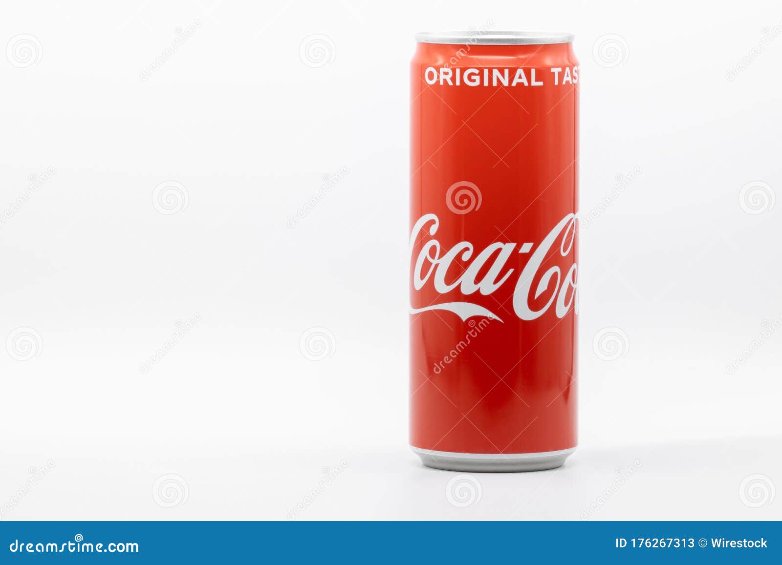 A Frontview Shot of a Red Coca Cola Can on a White Surface with Space ...
