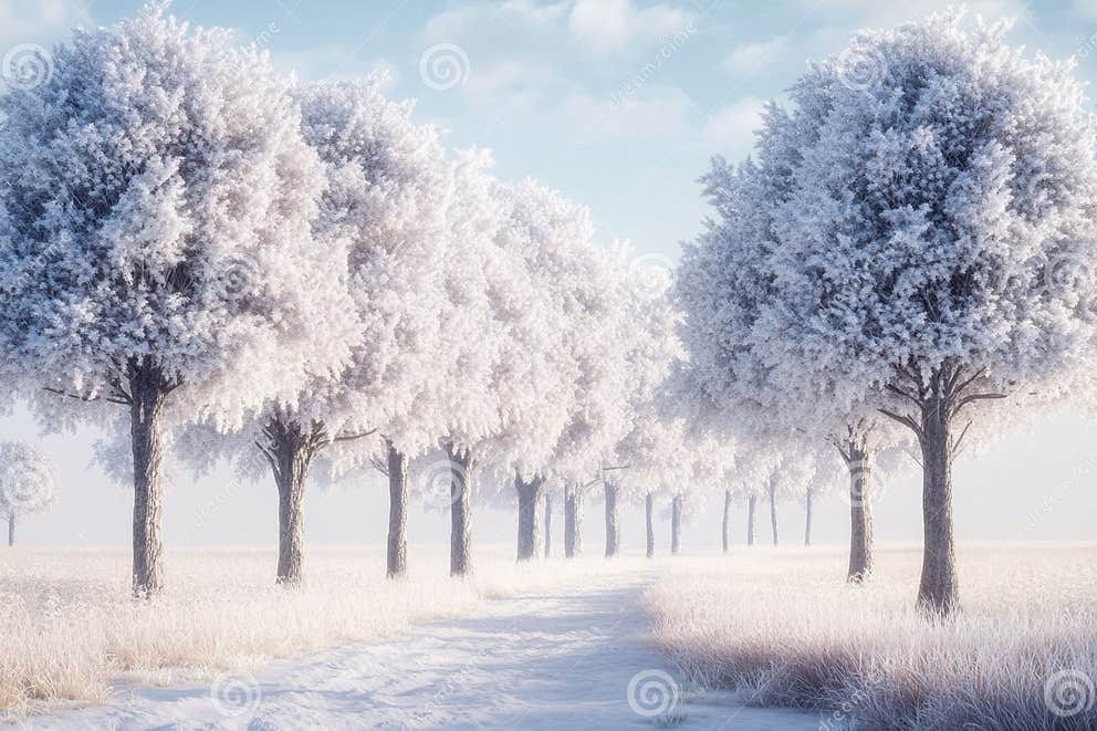 Frost-covered Trees Lining a Serene Winter Pathway in a Tranquil ...