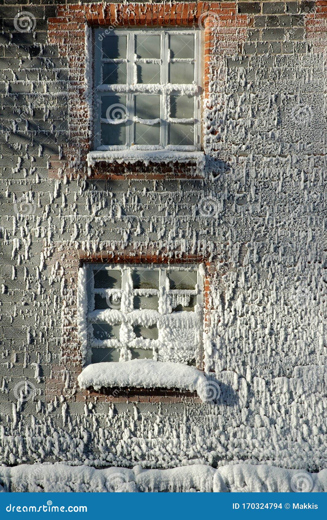 Frost and Rime Ice Covered Windows and Brick Wall Stock Photo - Image ...