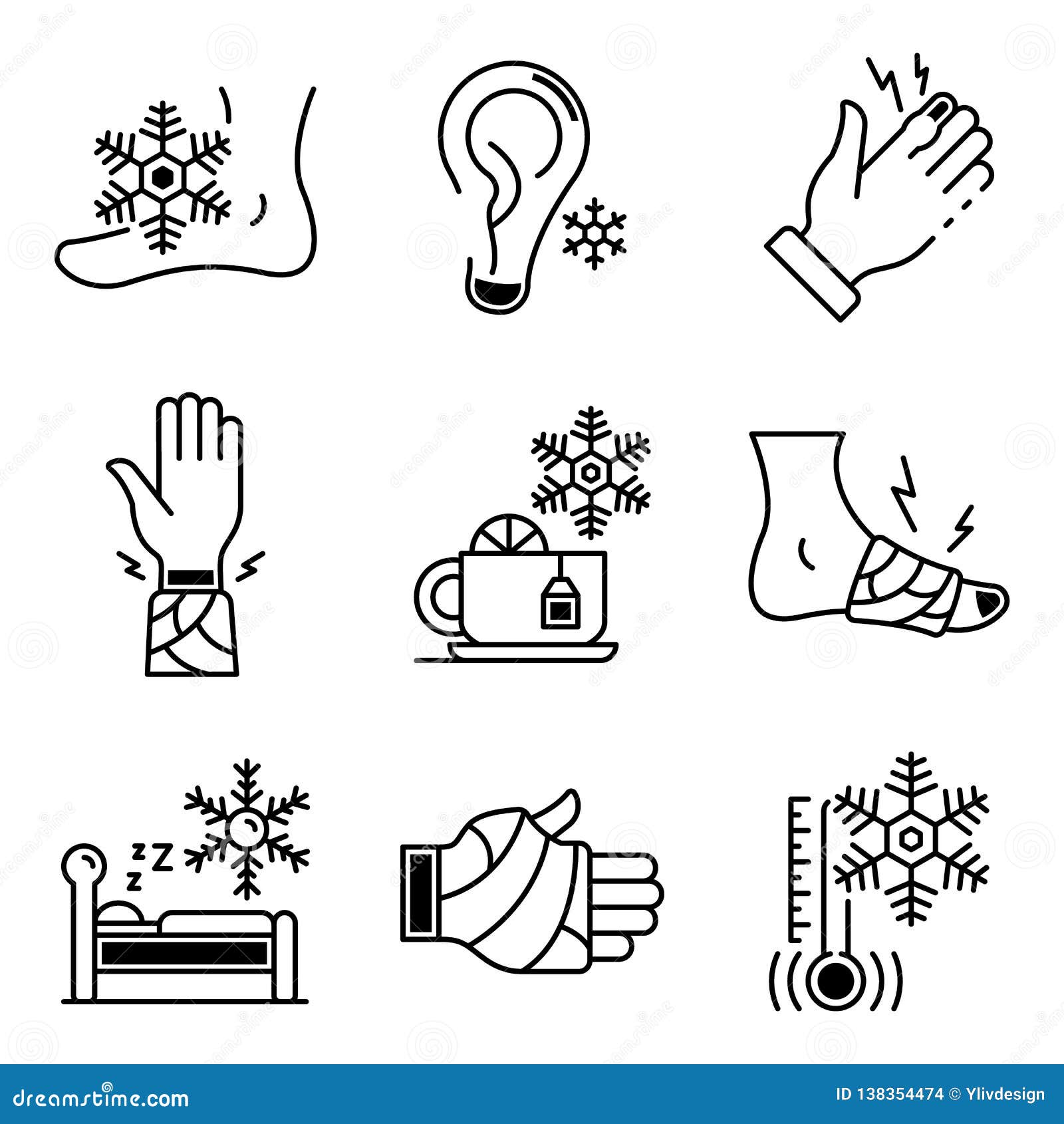 Frostbite Icons. Vector Linear Illustration Of Frozen Hand, Foot, Ear ...