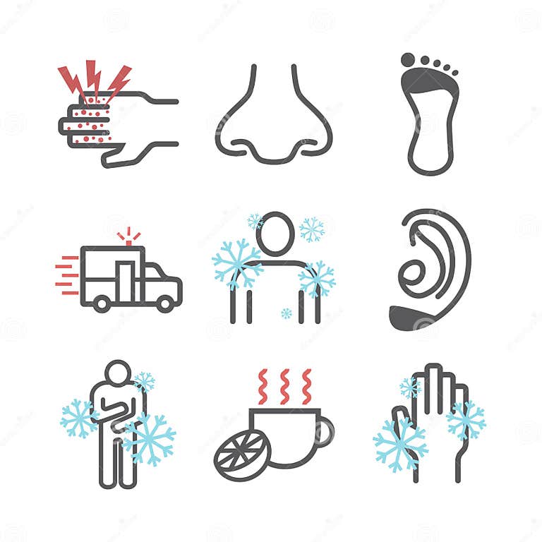 Frostbite. Symptoms, Line Icons Set. Vector Signs for Web Graphics ...