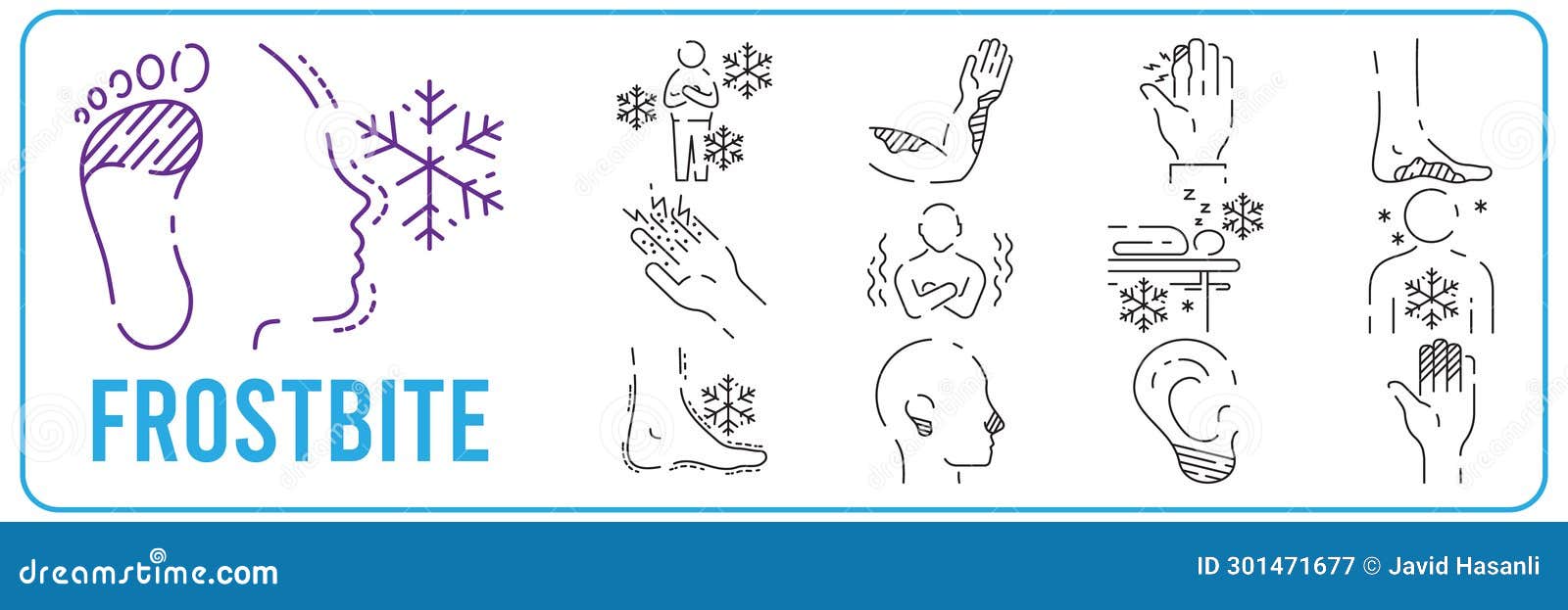 Frostbite. Symptoms, Line Icons Set Stock Vector - Illustration of pain ...