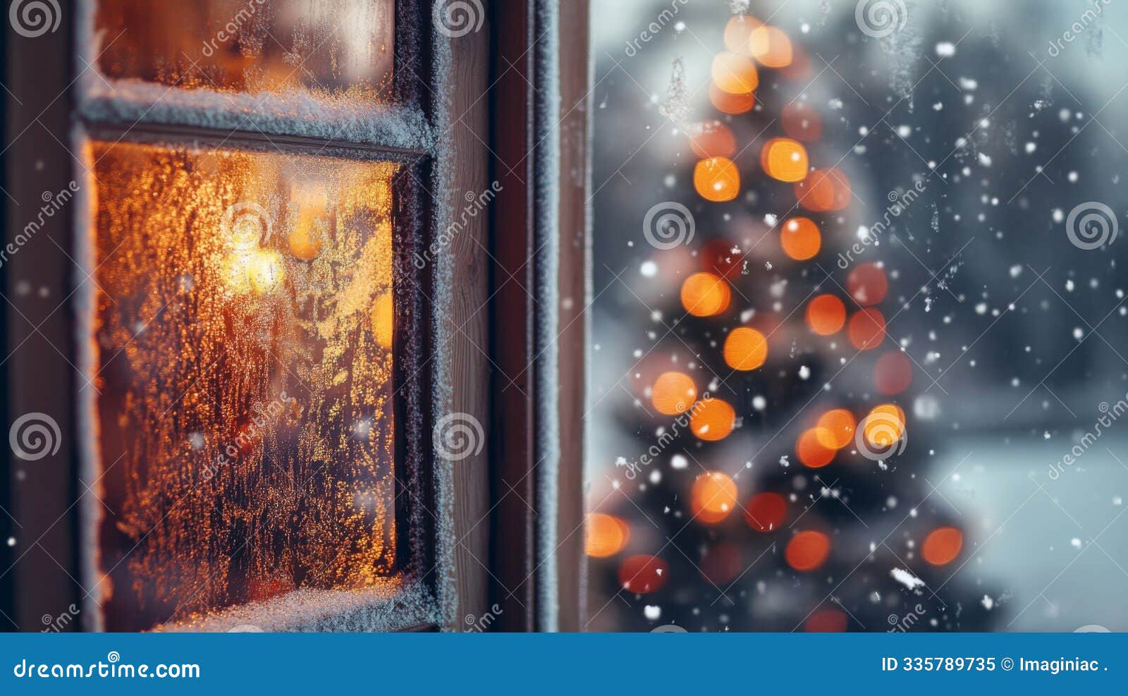 Frosted Window with Blurry Christmas Lights and Snow Stock Illustration ...